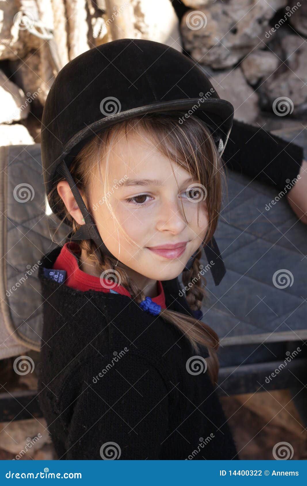 Young Girl in Riding Helmet Stock Photo - Image of stables, plaits ...