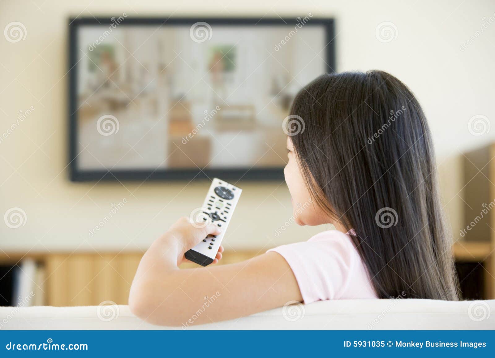 Young Girl in Room with Flat Screen Television Stock Image - Image of ...