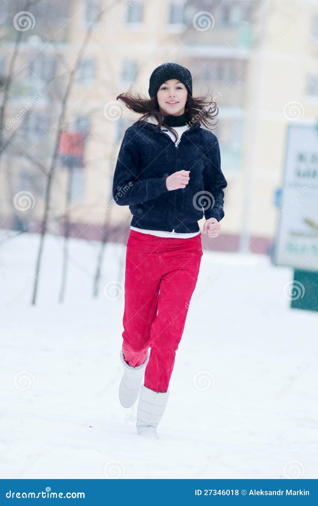 Young Girl Running on a Cold Winter Day Stock Photo - Image of ...