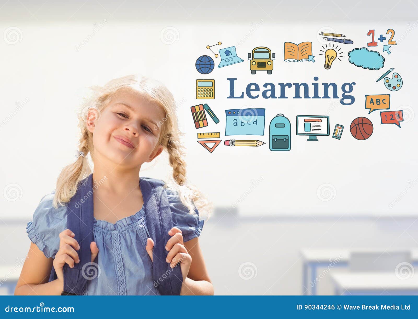 Young Girl School with Bag and Learning Text with Drawings Graphics ...