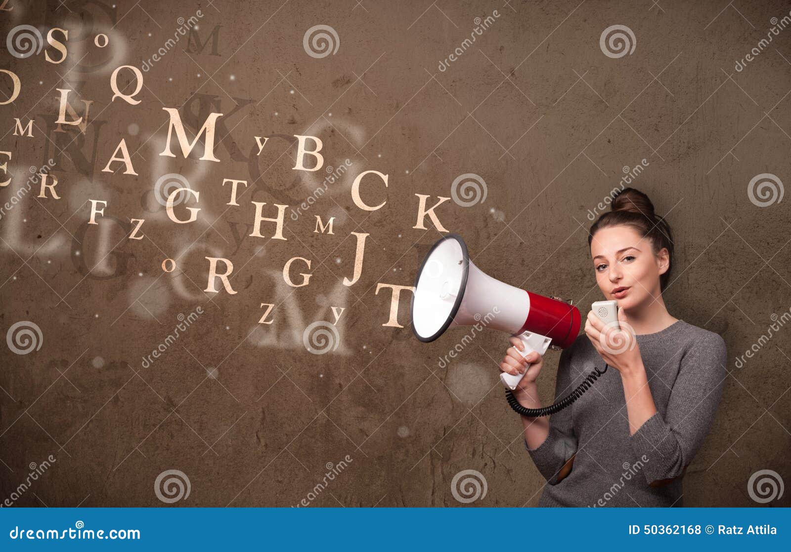 Young Girl Shouting into Megaphone and Text Come Out Stock Photo ...