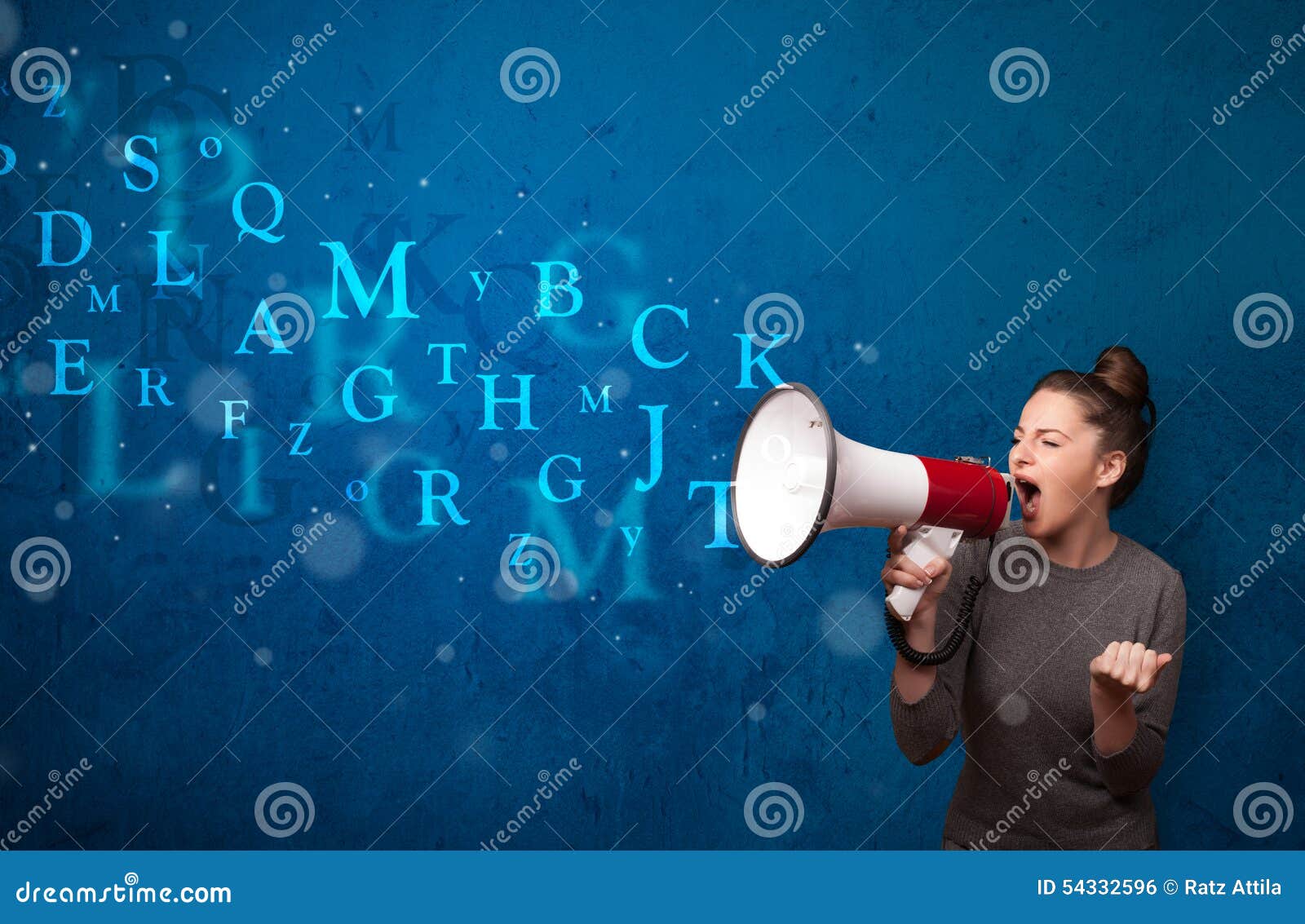 Young Girl Shouting into Megaphone and Text Come Out Stock Photo ...