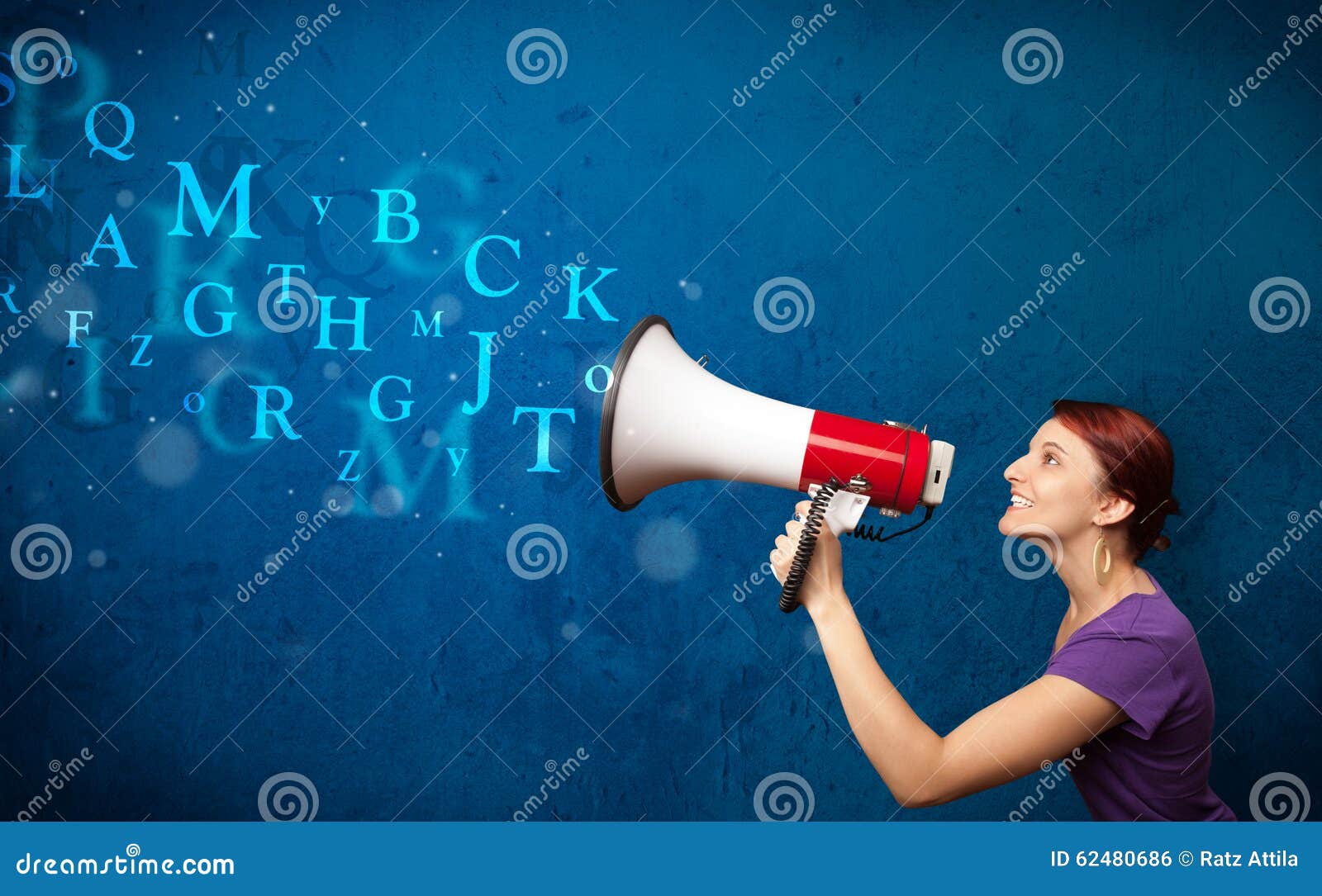 Young Girl Shouting into Megaphone and Text Come Out Stock Photo ...
