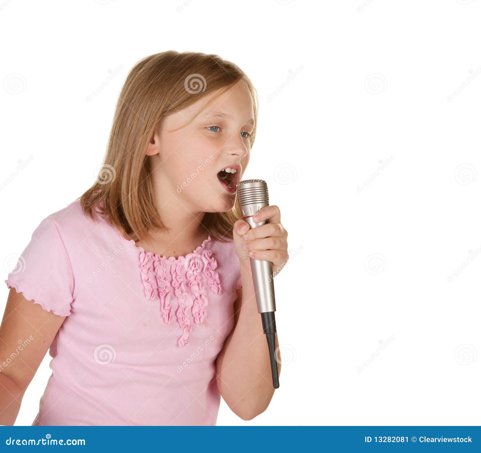Young Girl Singing Karaoke on White Stock Image - Image of rock, female ...