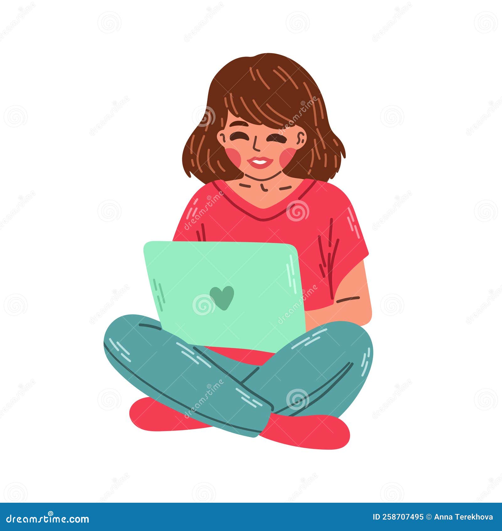 Young Girl Sitting on the Floor and Studying on Laptop. Flat ...