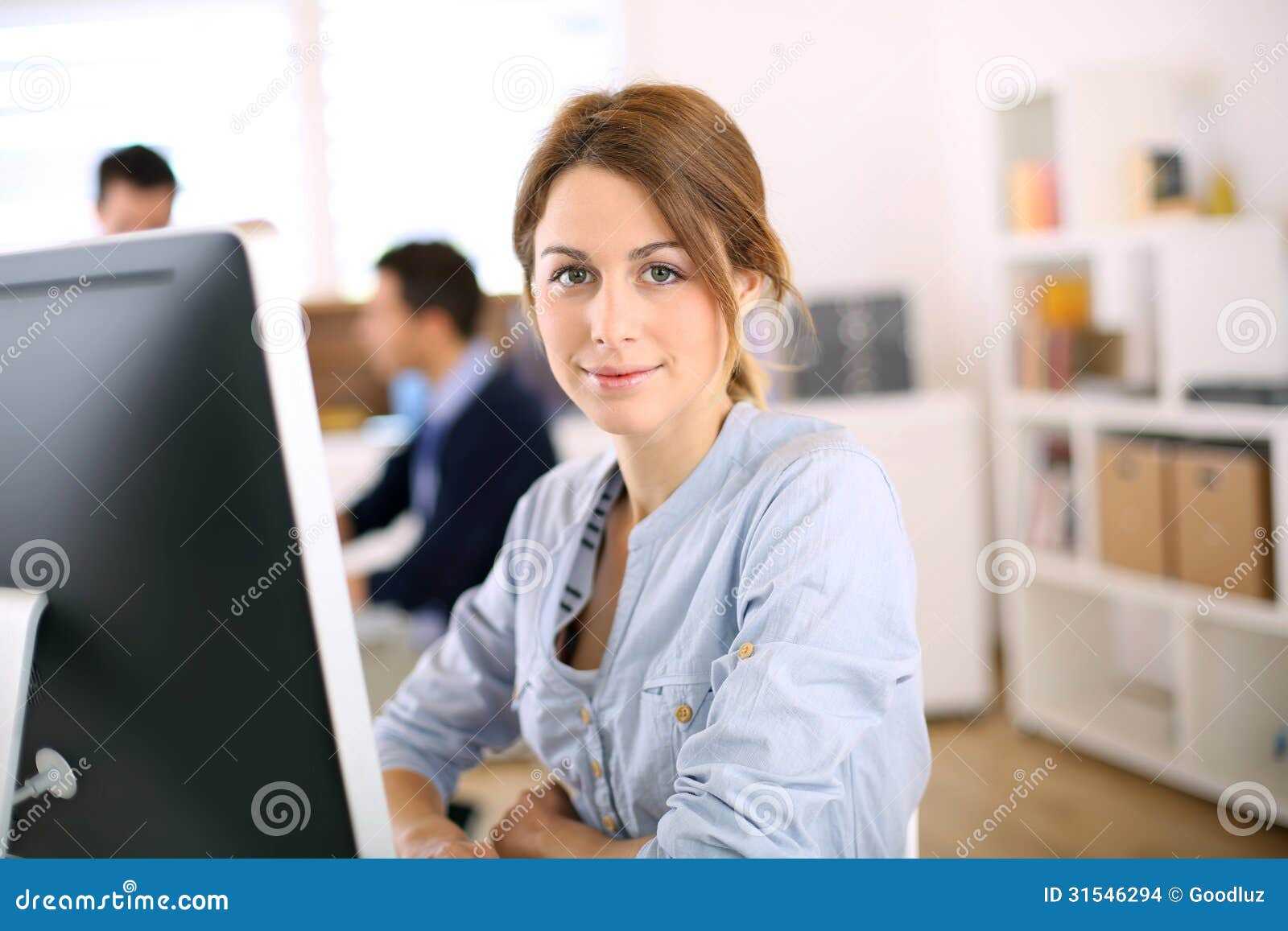Young Girl Sitting in Front of Computer Stock Photo - Image of smiling ...