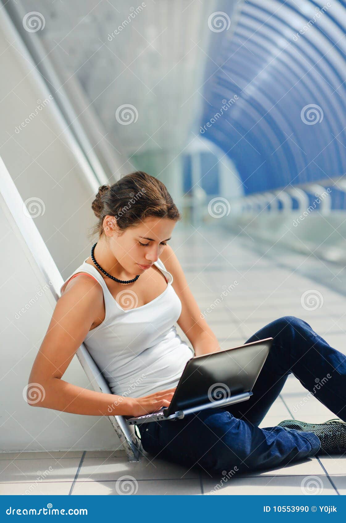Young Girl Sitting with a Laptop Stock Photo - Image of long, notebook ...