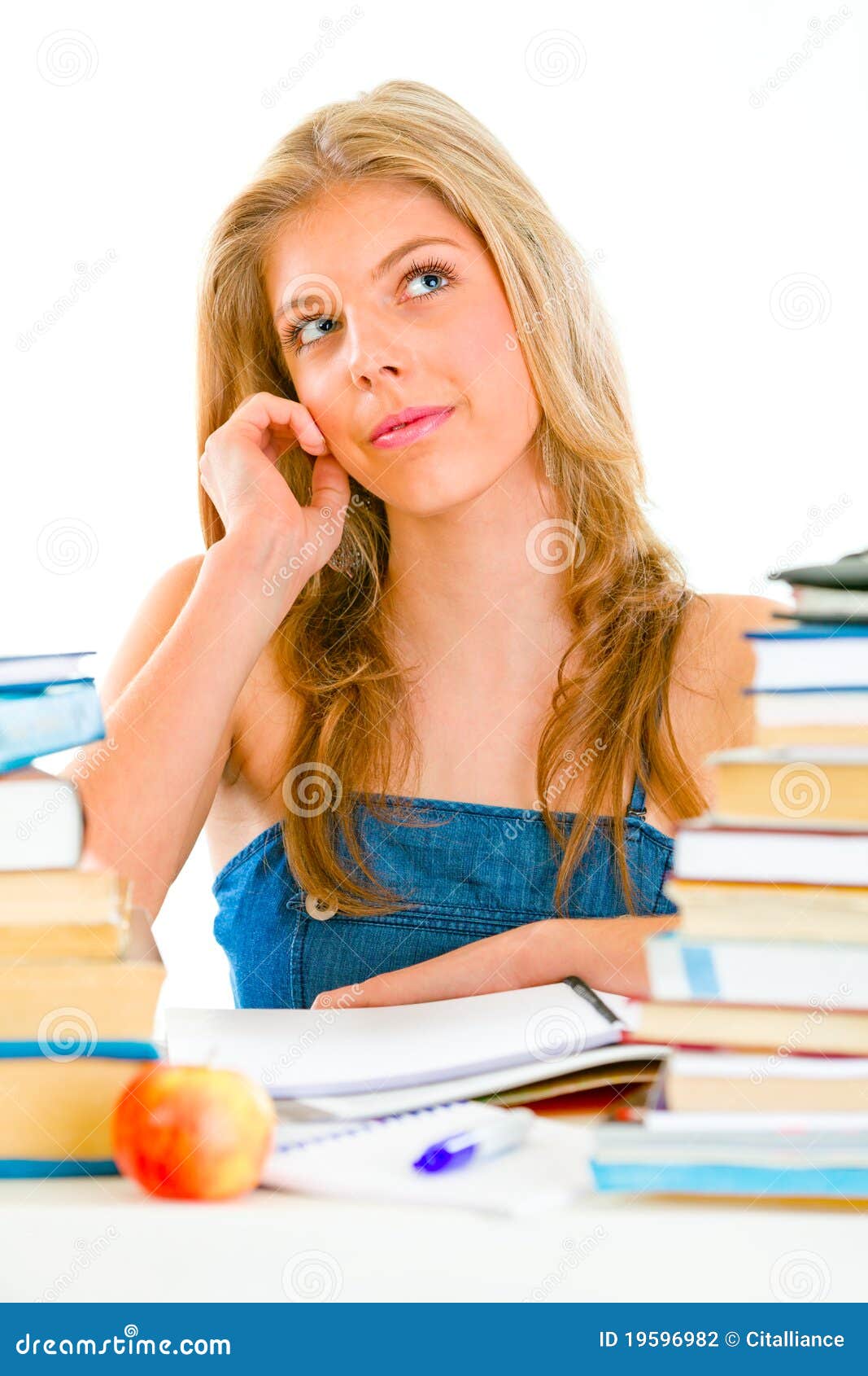 Young Girl Sitting at Table and Looking in Corner Stock Photo - Image ...
