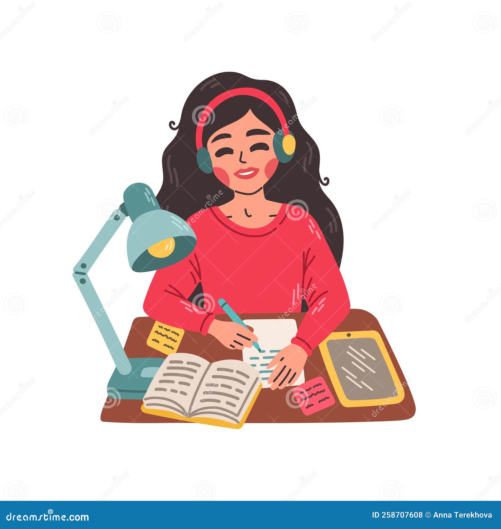 Young Girl Sitting at a Table and Writing in Notebook. Flat ...