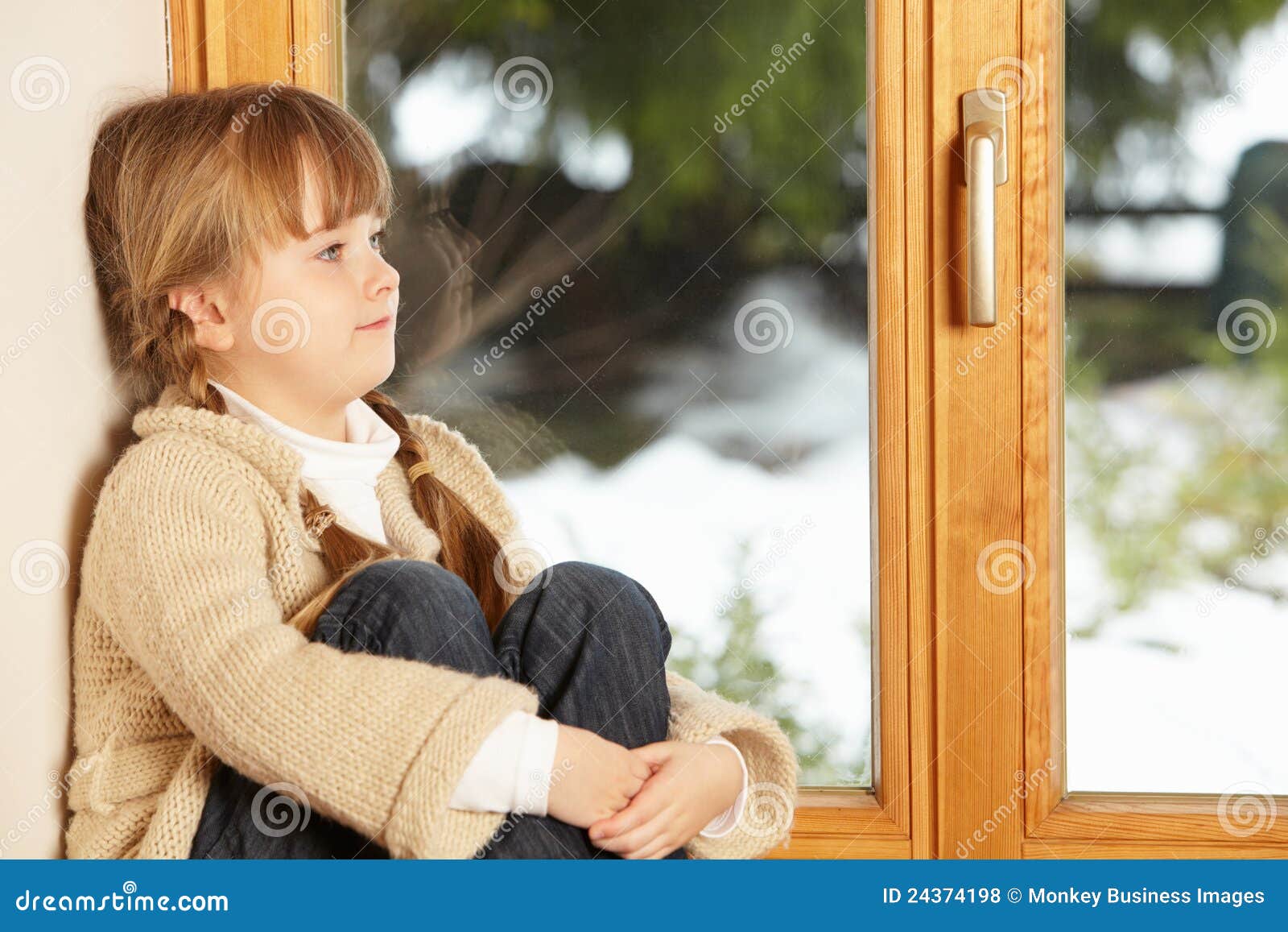 Young Girl Sitting on Window Ledge Looking Outside Stock Photo - Image ...
