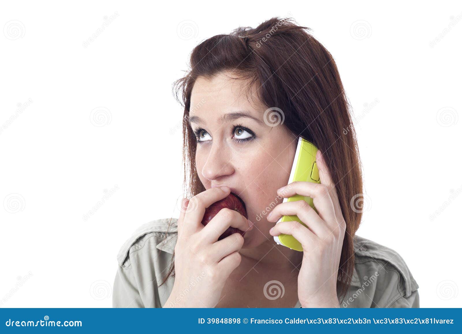 Young Girl Speaking Phone Eating Apple Stock Photos - Free & Royalty ...