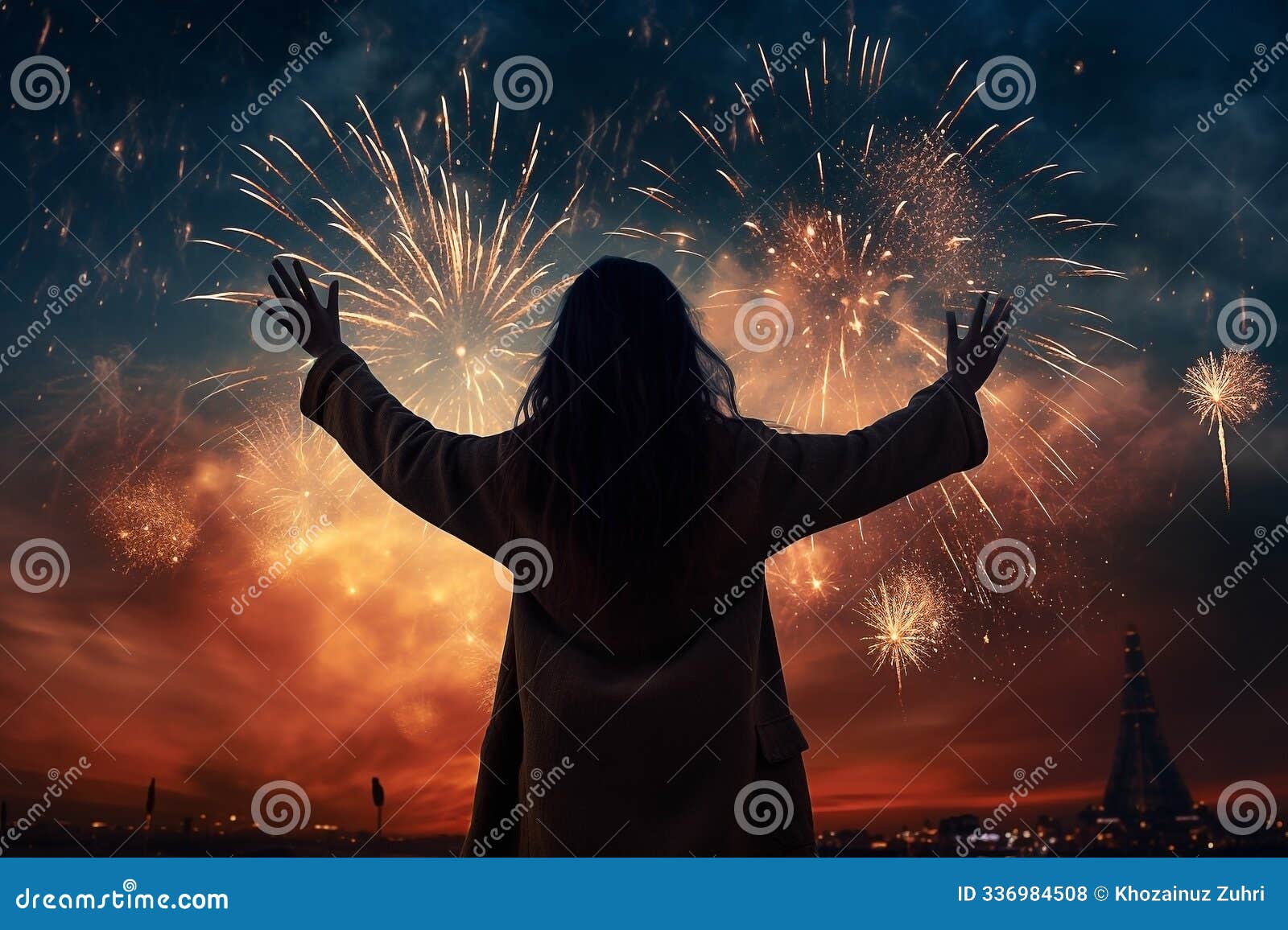 Young Girl Standing with Hands Out To the Sky with Fireworks Falling ...