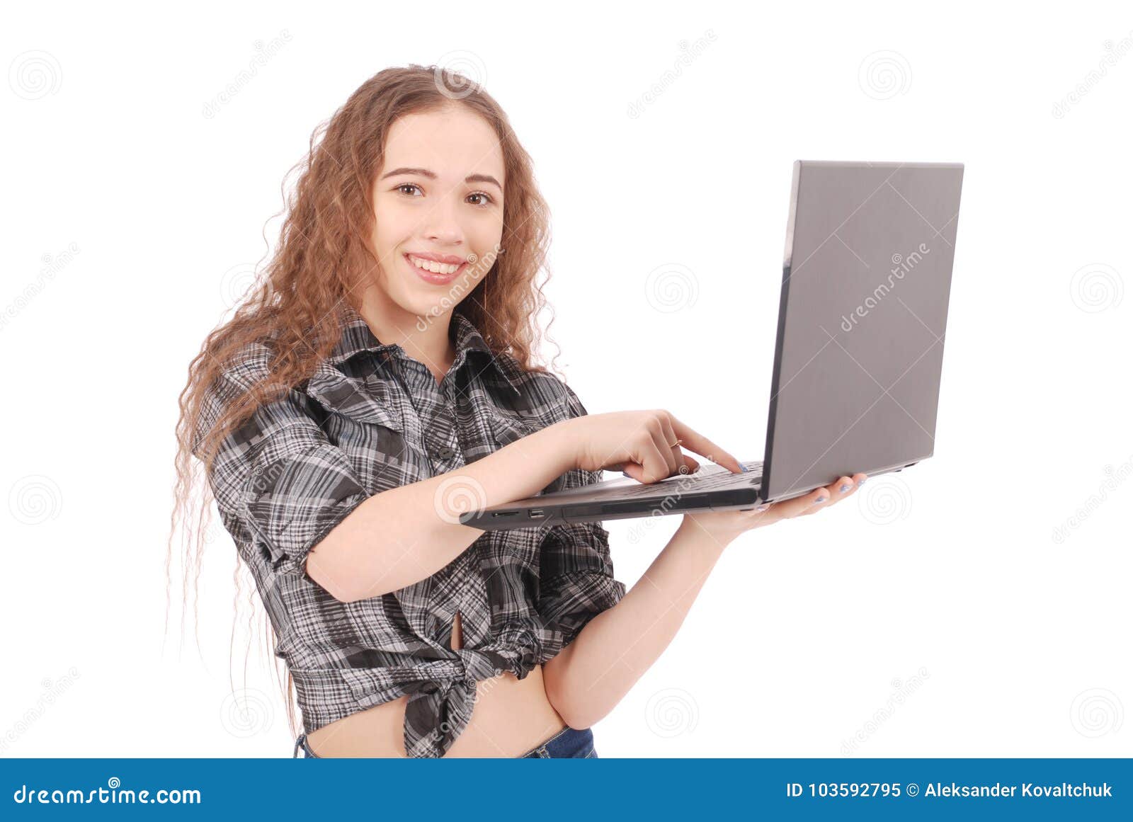 Young Girl Standing and Using a Laptop Stock Image - Image of caucasian ...