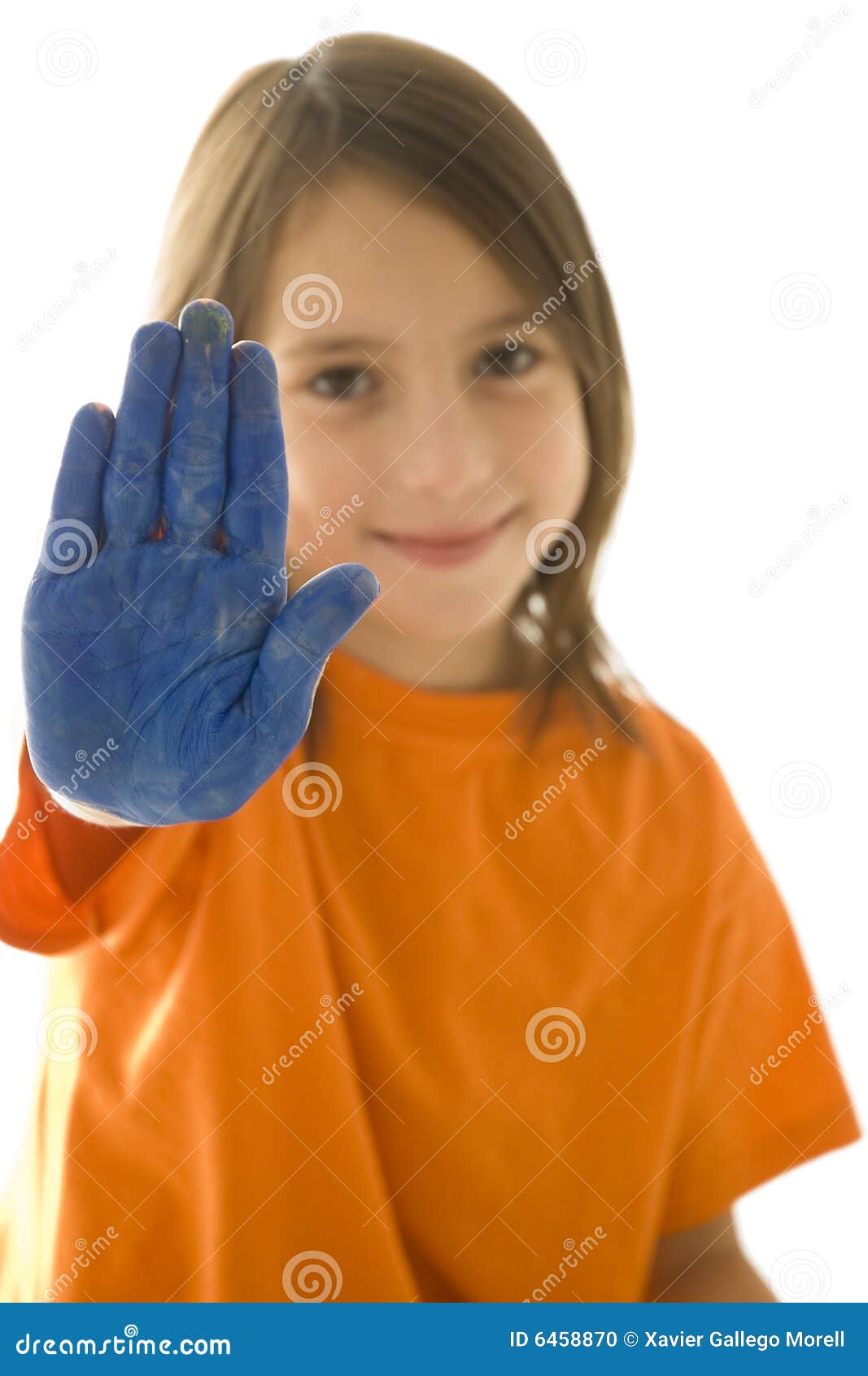 Young Girl with Stop Hand Painted in Blue Stock Photo - Image of start ...