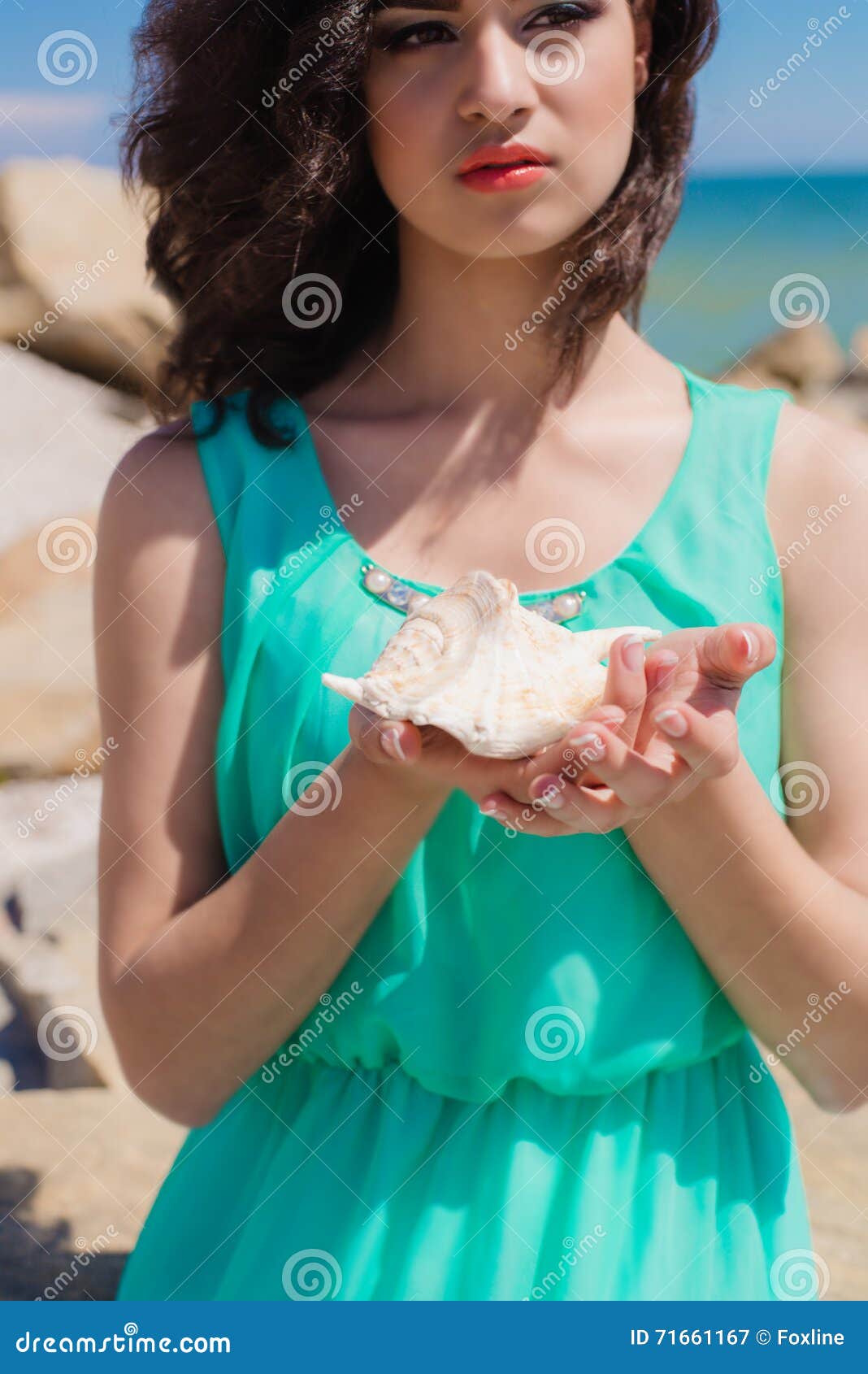 Young Girl on Summer Beach with Shell Stock Image - Image of fashion ...