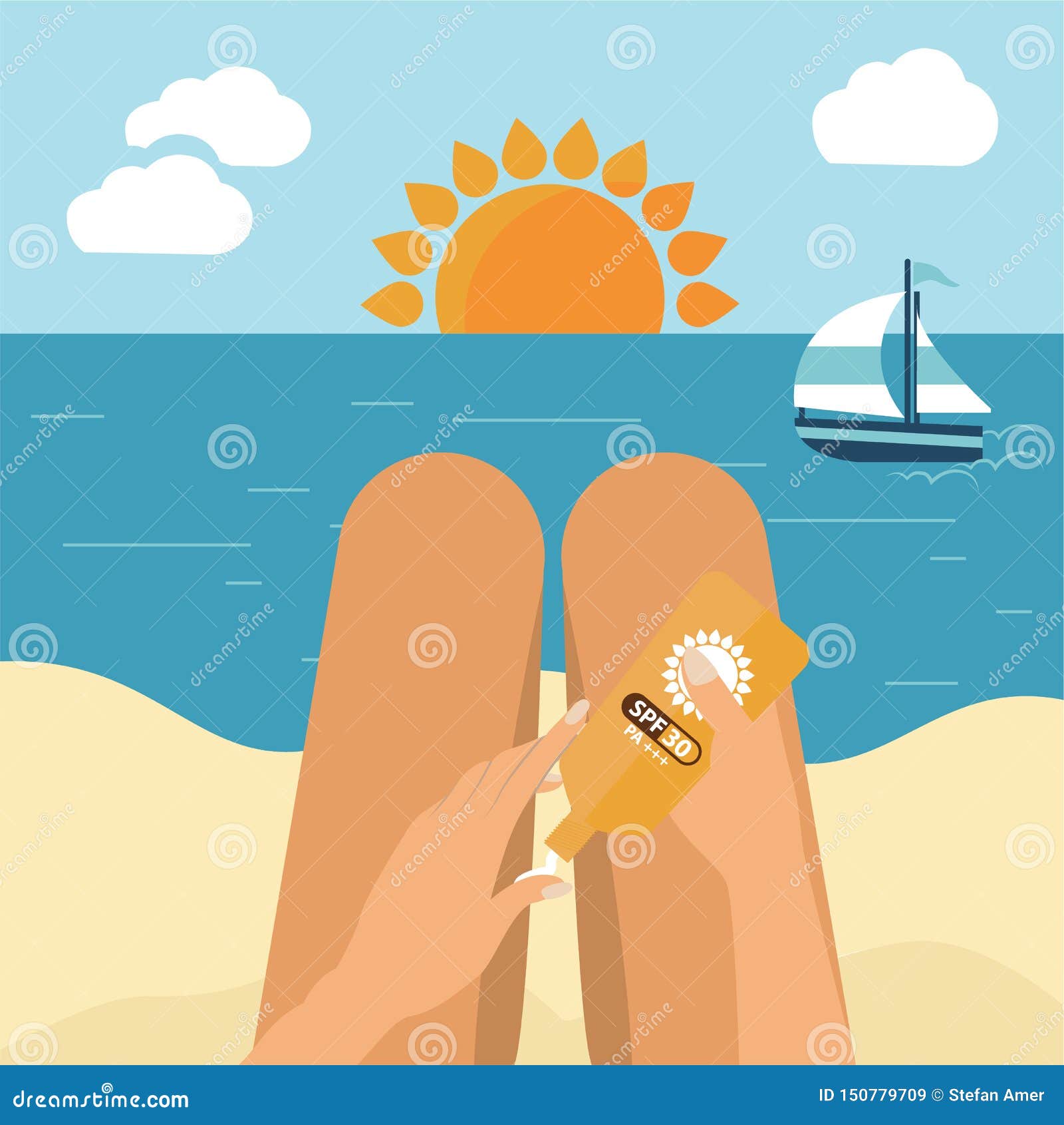 Girl Sunbathes Lying On A Sun Lounger On The Beach Cartoon Vector