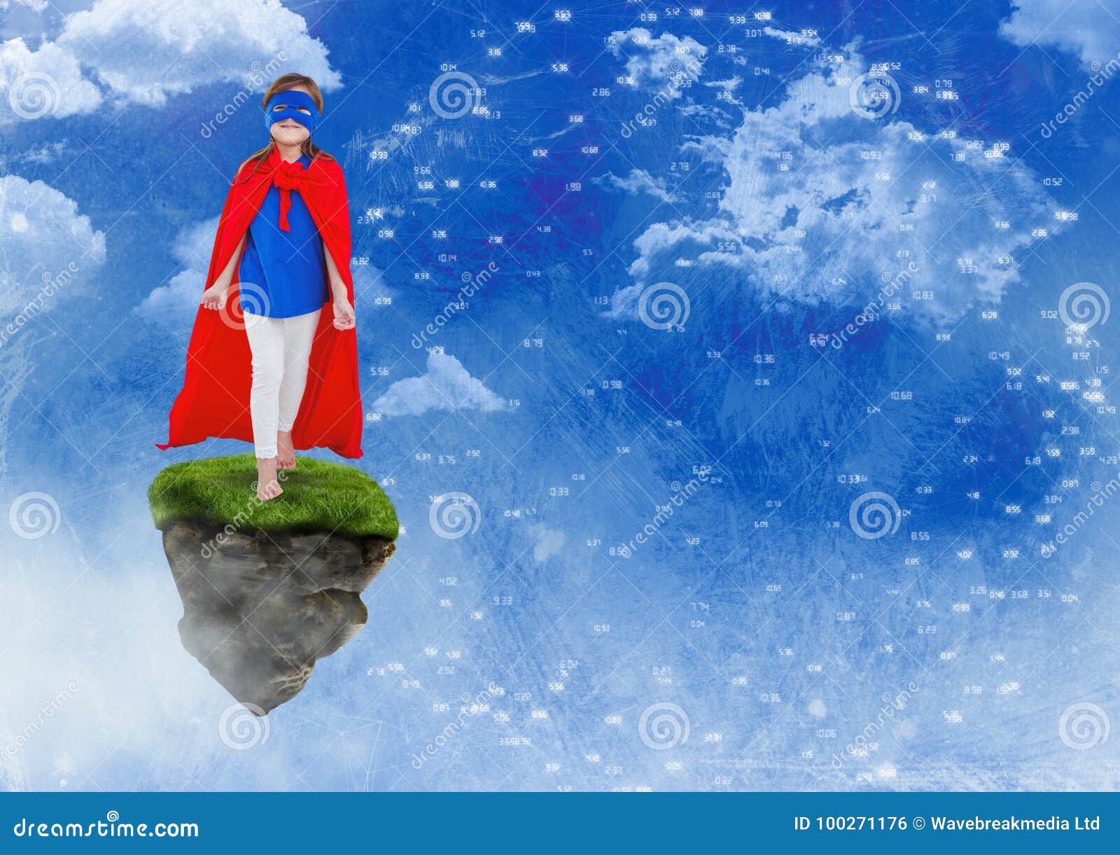 Young Girl Superhero on Floating Rock Platform in Sky with Connectors ...