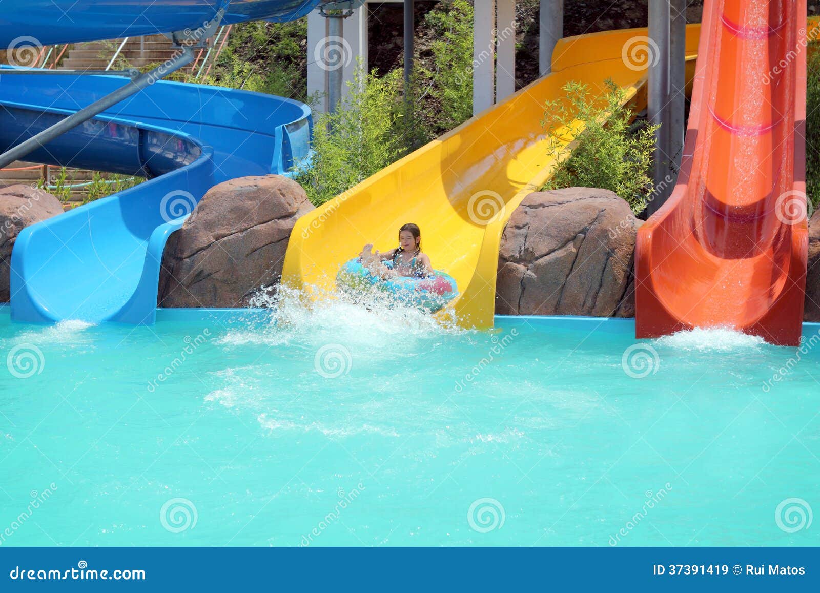 Young Girl on Swimming Pool Sliders Stock Image - Image of relax ...