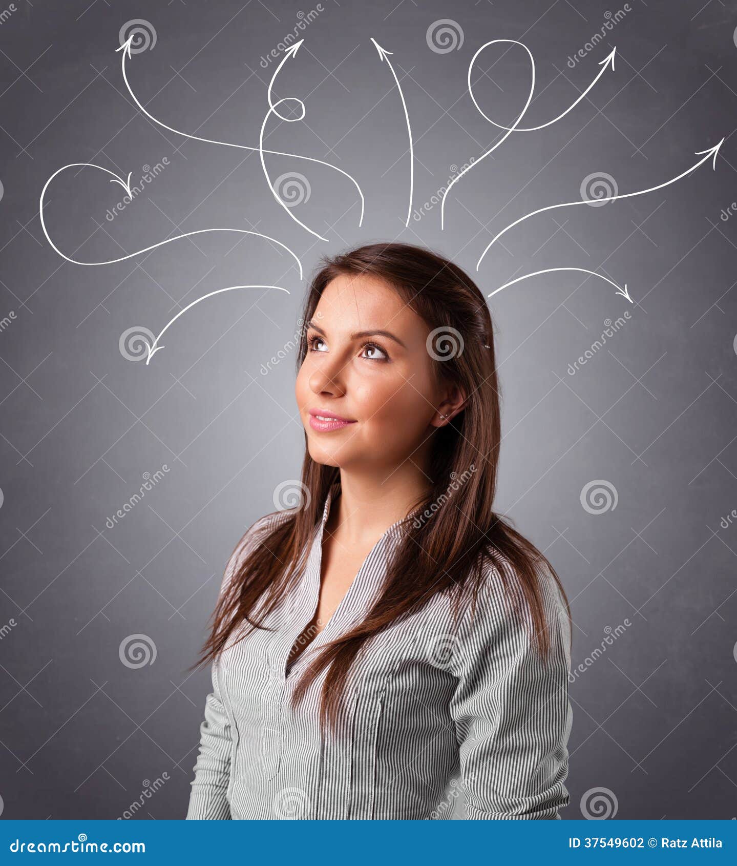 Young Girl Thinking with Arrows Overhead Stock Photo - Image of look ...