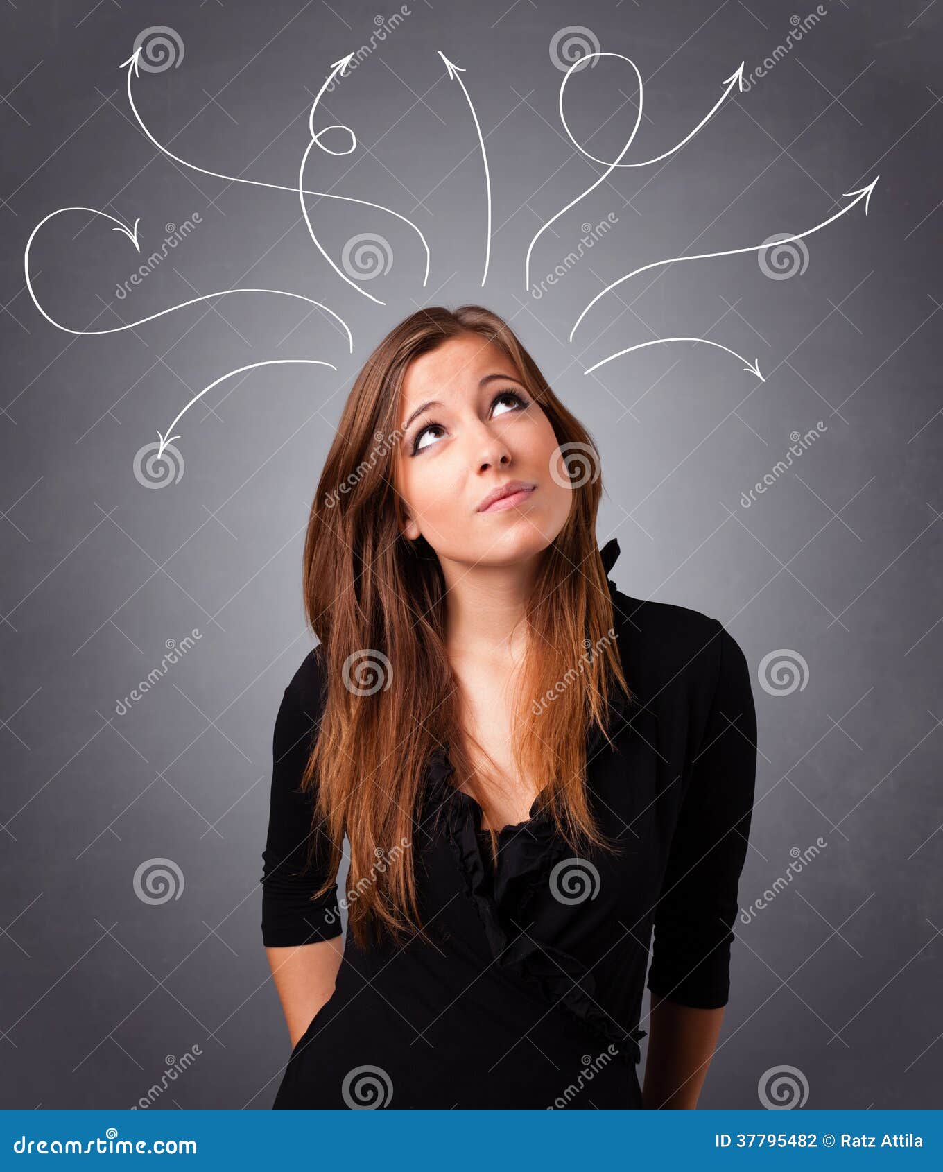 Young Girl Thinking with Arrows Overhead Stock Photo - Image of draw ...