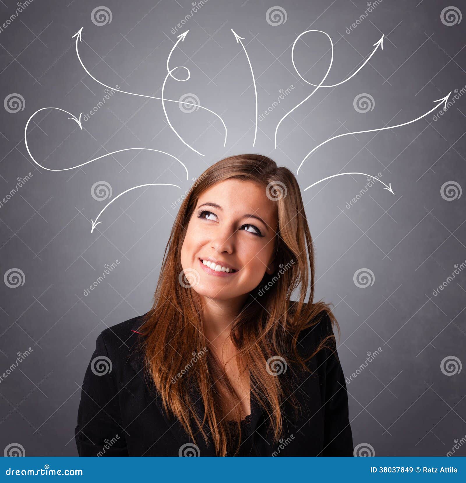 Young Girl Thinking with Arrows Overhead Stock Image - Image of lady ...