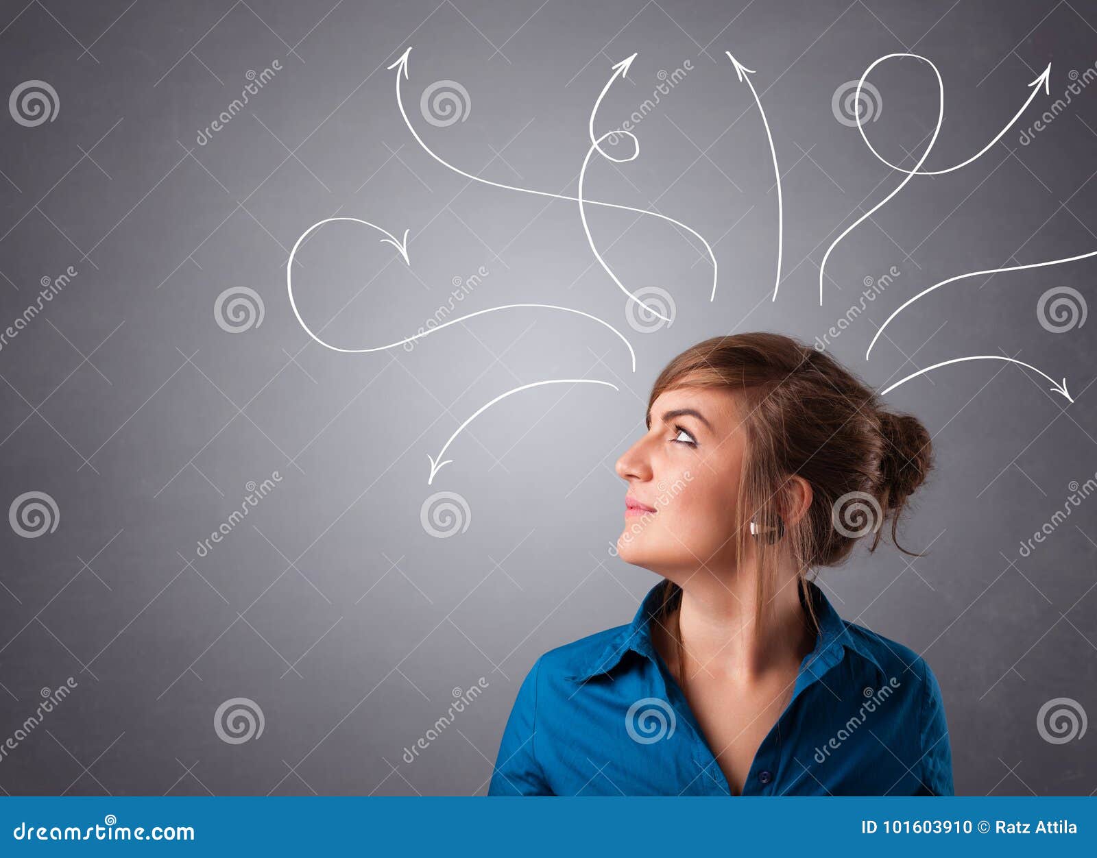 Young Girl Thinking with Arrows Overhead Stock Photo - Image of icon ...