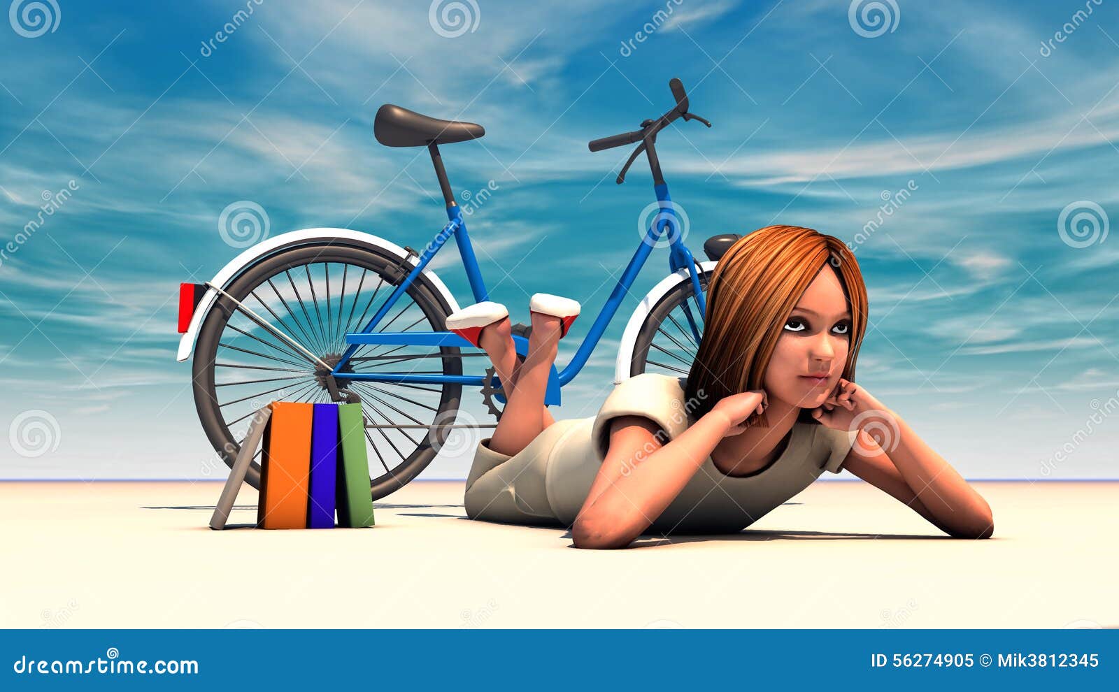 Young Girl Thinking with Books Stock Illustration - Illustration of ...