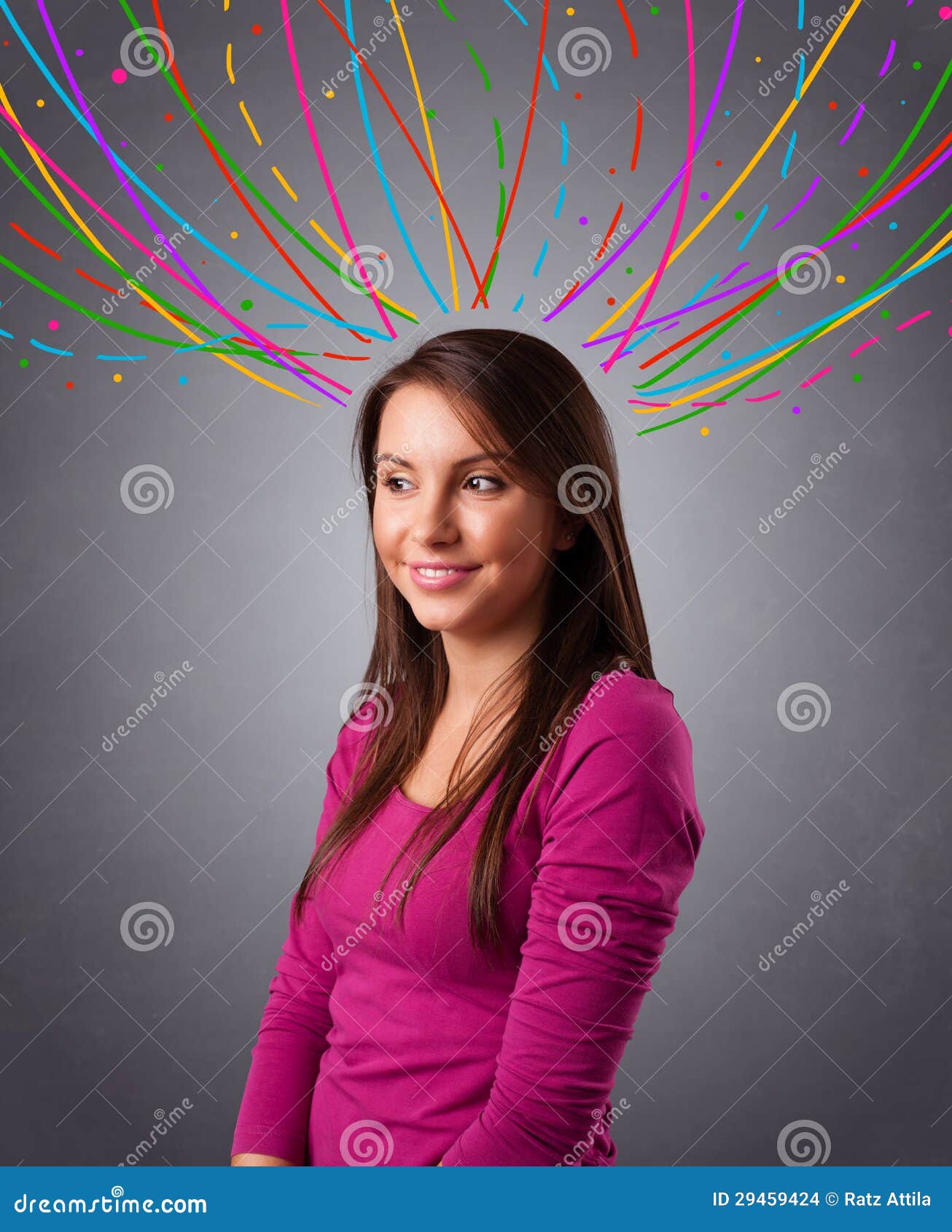 Young Girl Thinking with Colorful Abstract Lines Overhead Stock Photo ...