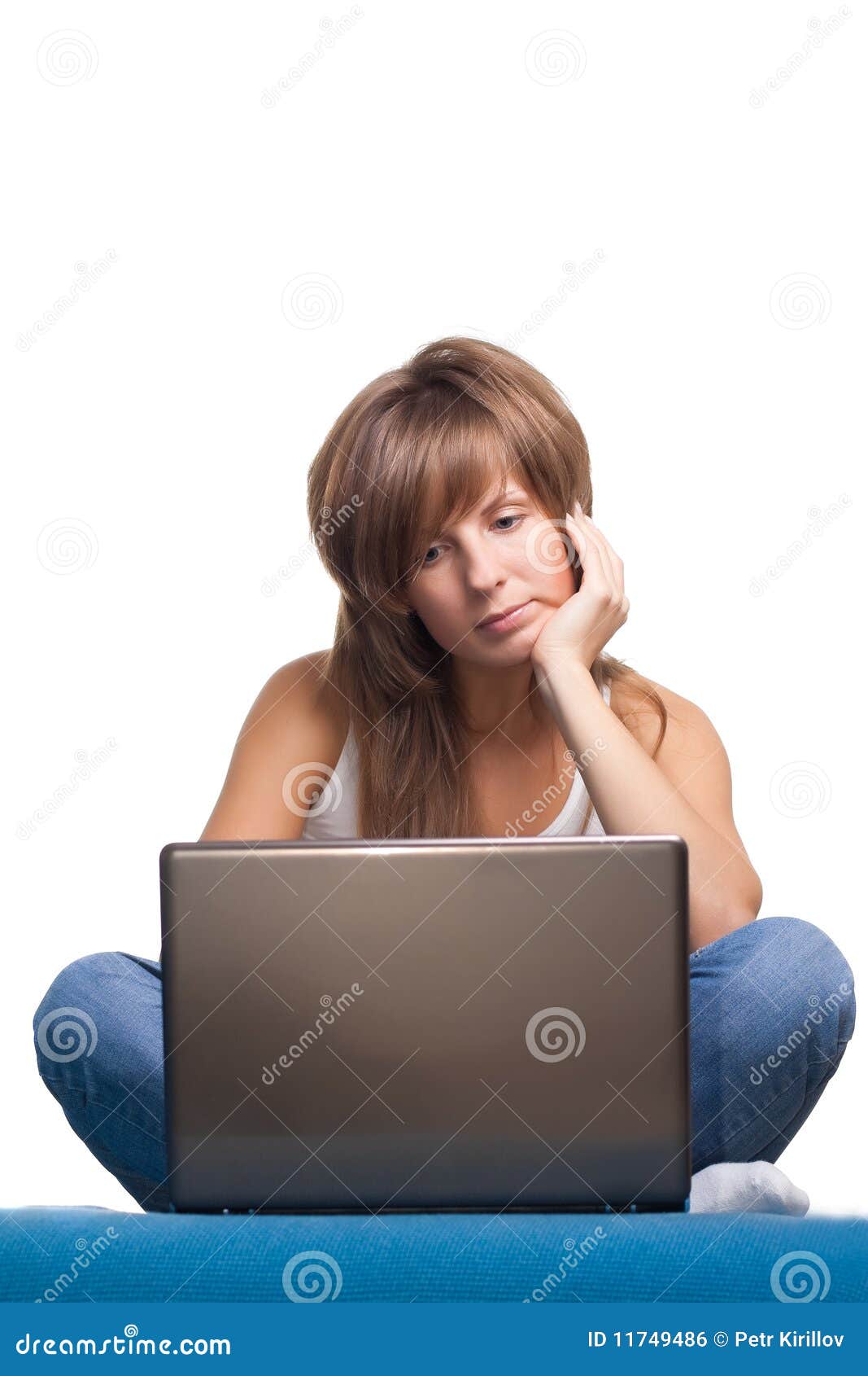 Young Girl Thinking with Laptop Stock Photo - Image of person, face ...