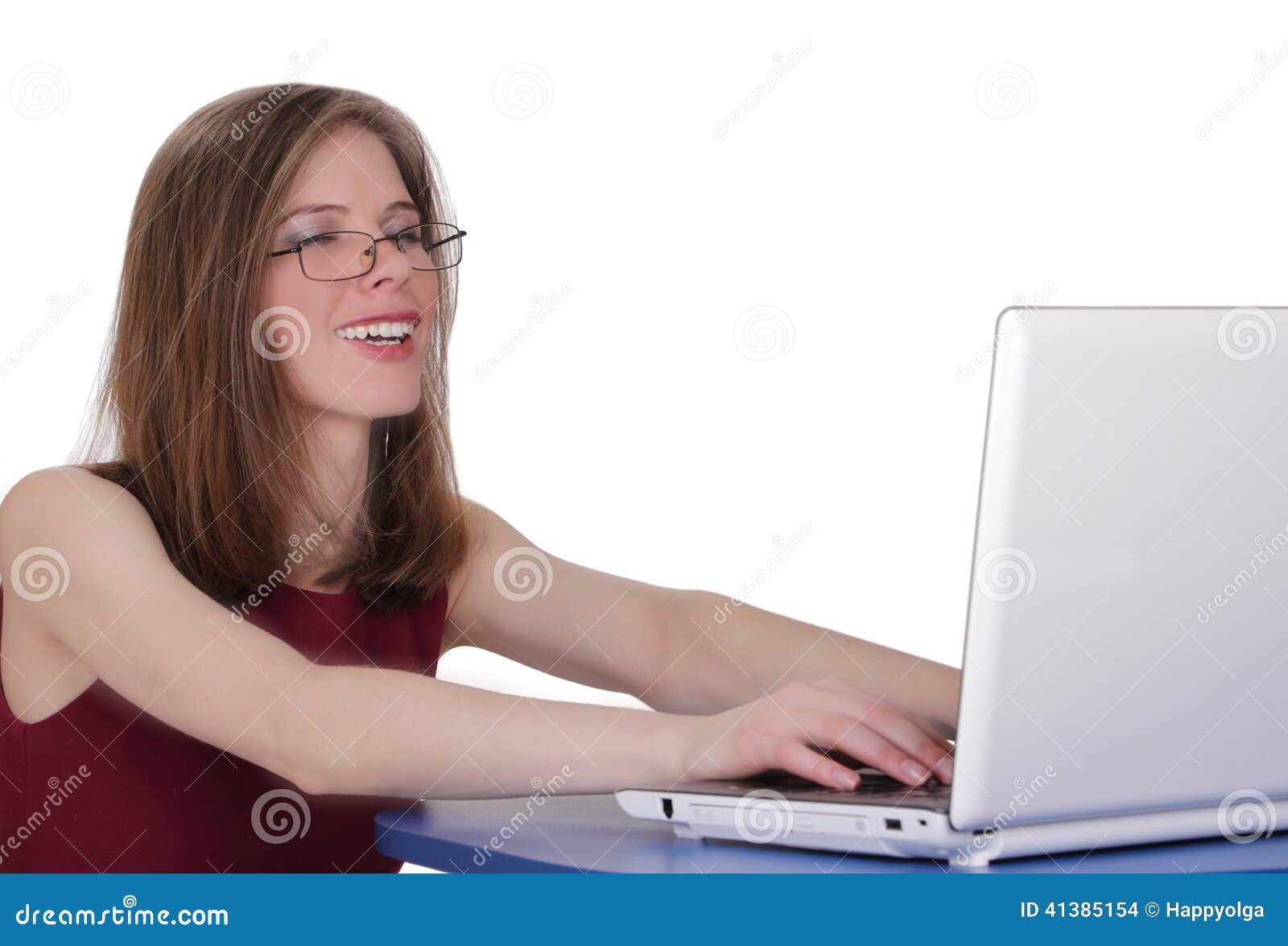 Young Girl is Typing on Computer Stock Photo - Image of space, dress ...