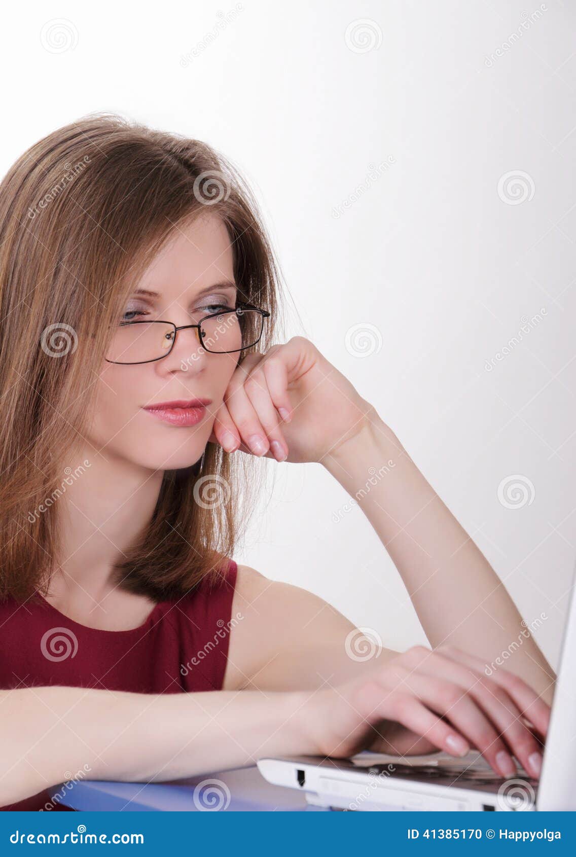 Young Girl is Typing on Computer Stock Photo - Image of computer, dress ...