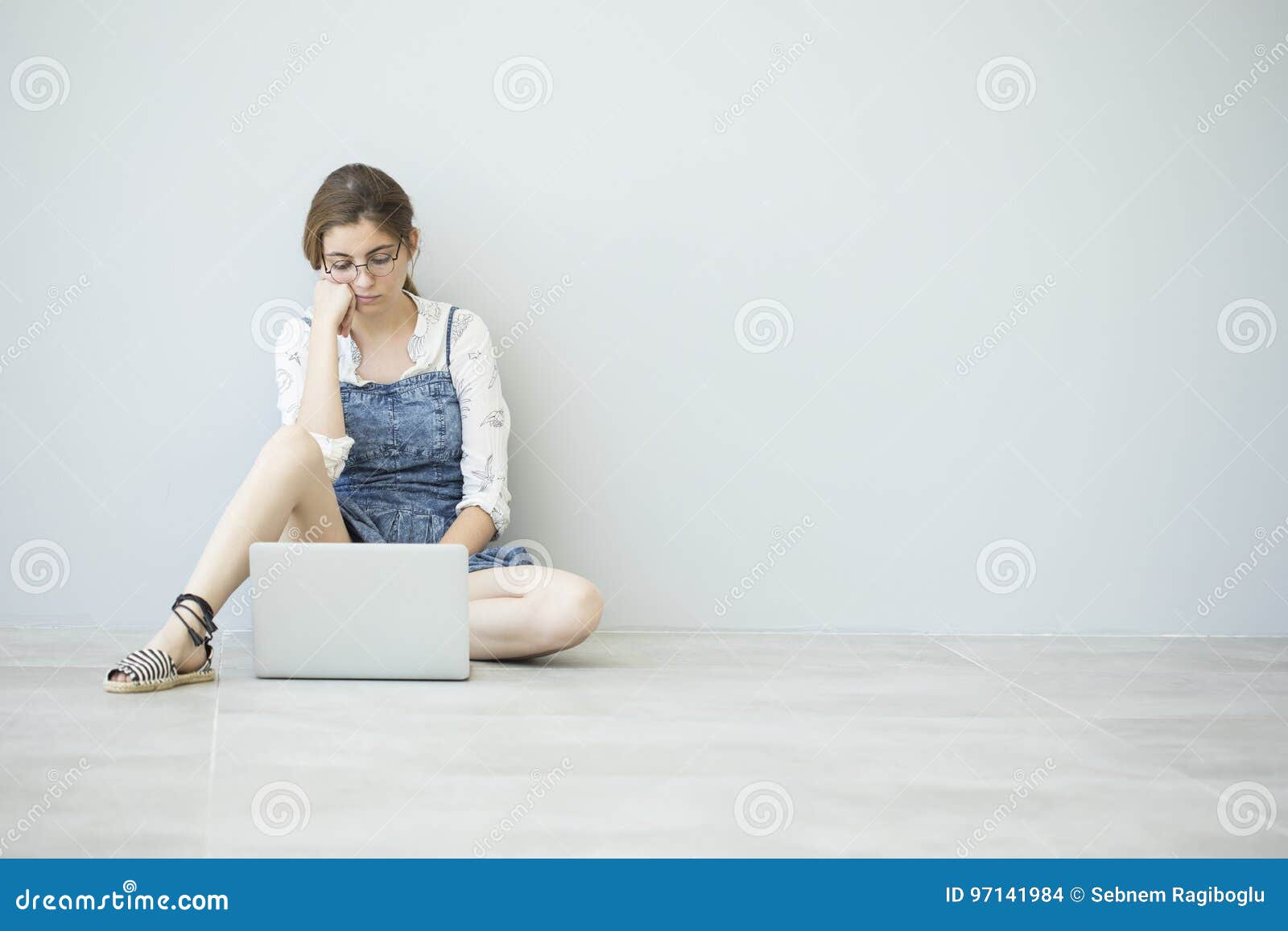 Young Girl Using Laptop on Floor Stock Photo - Image of girl ...