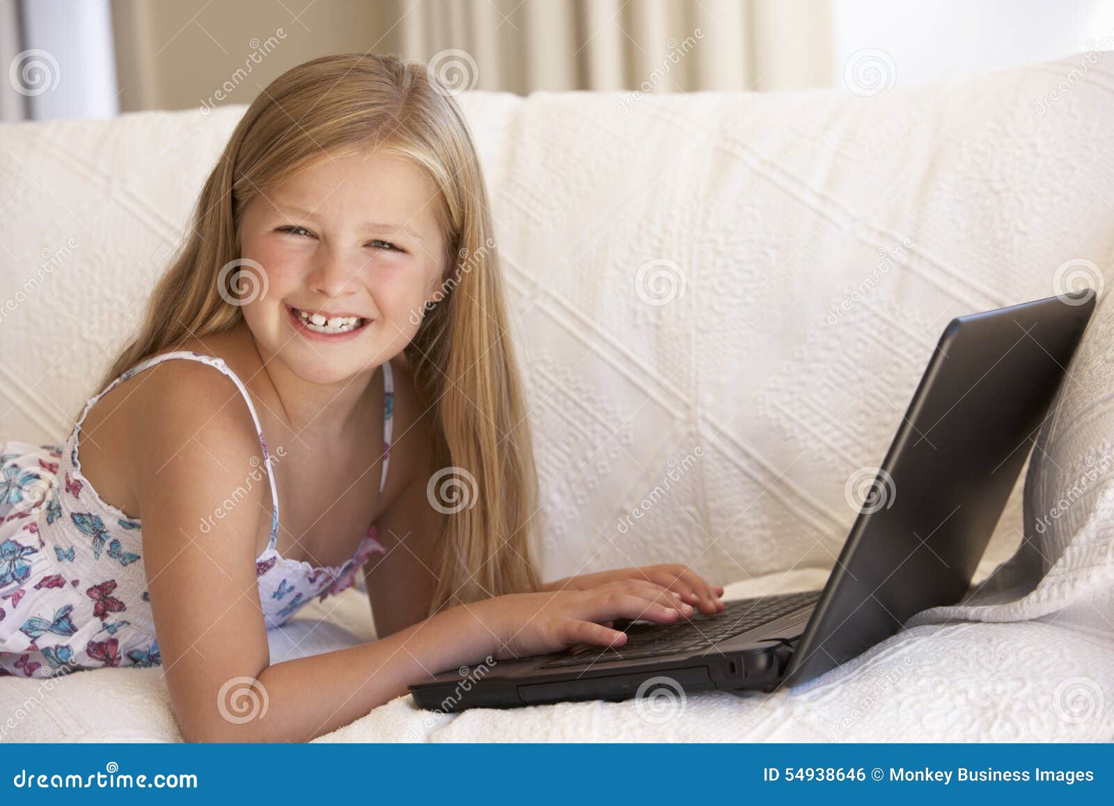Young Girl Using Laptop at Home Stock Photo - Image of enjoying ...