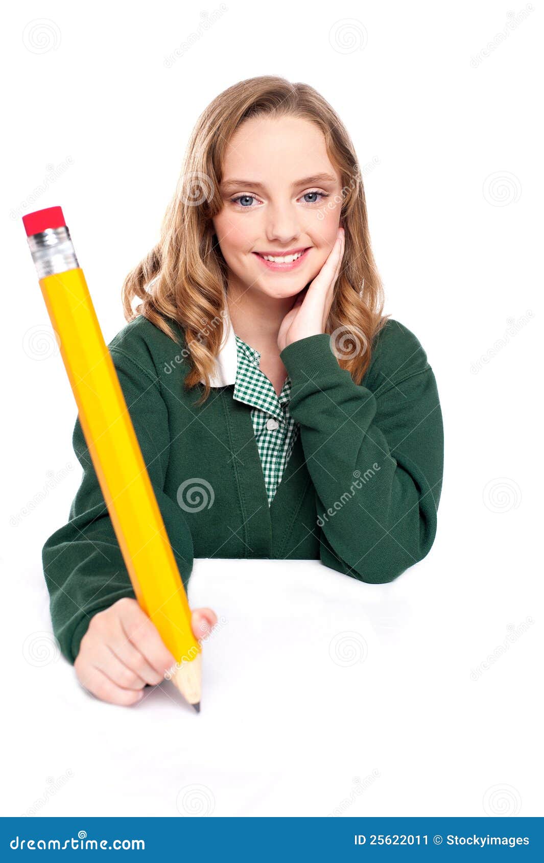 Young Girl Using an Over Sized Pencil Stock Image - Image of confident ...