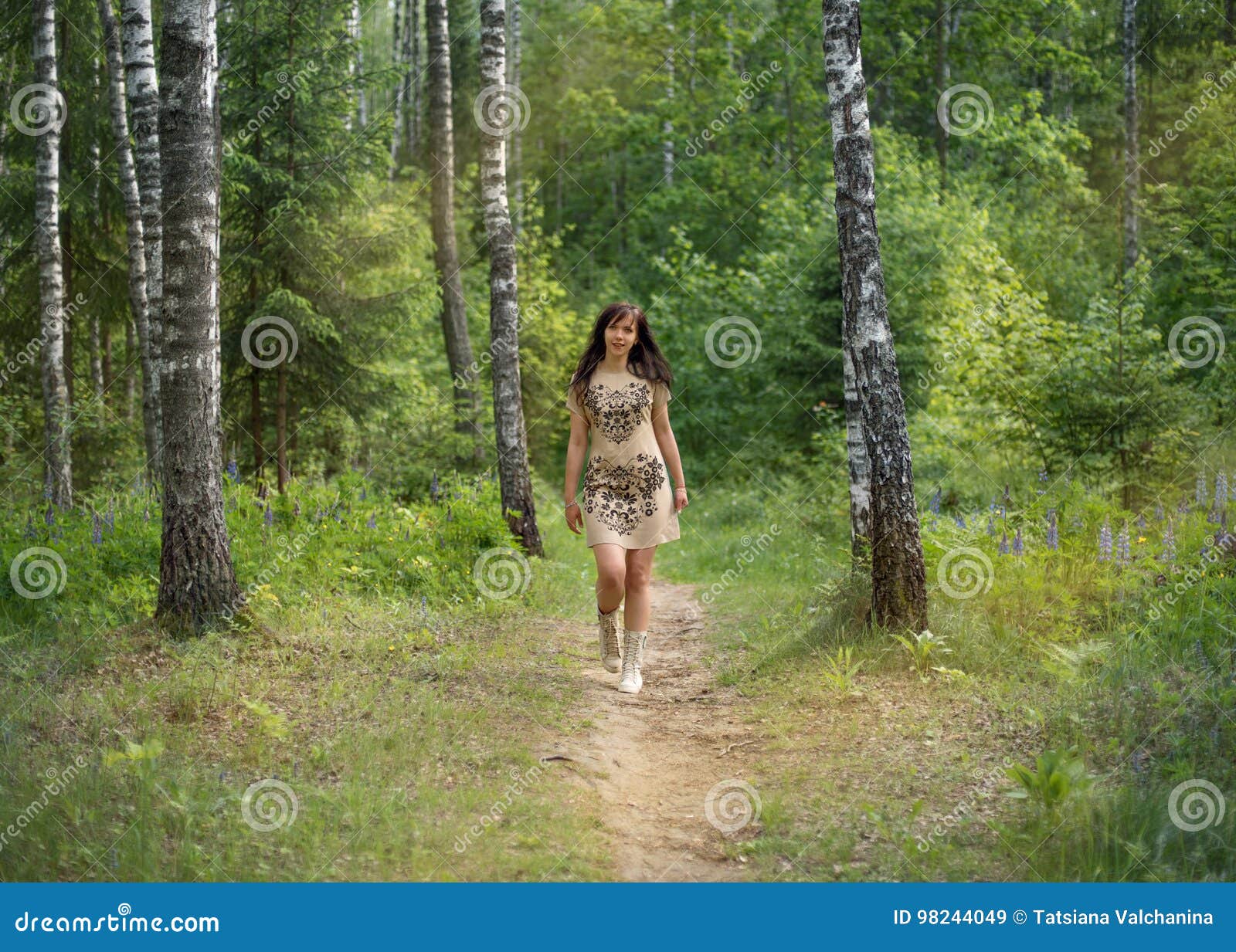 Young Girl Walking Along a Path in a Forest Park Stock Image - Image of ...
