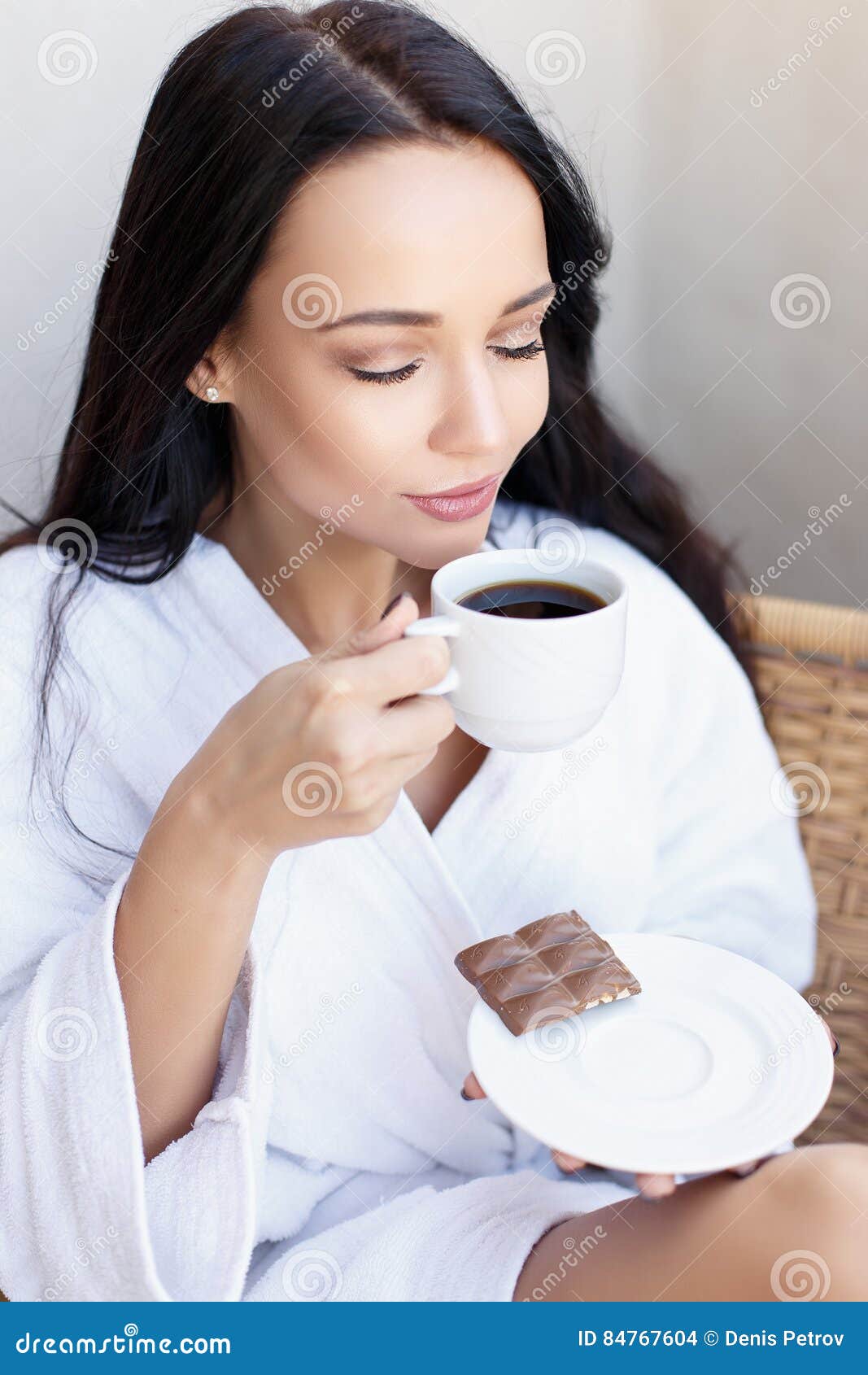 Young Girl in a White Bathrobe with Cup of Coffee Stock Photo - Image ...