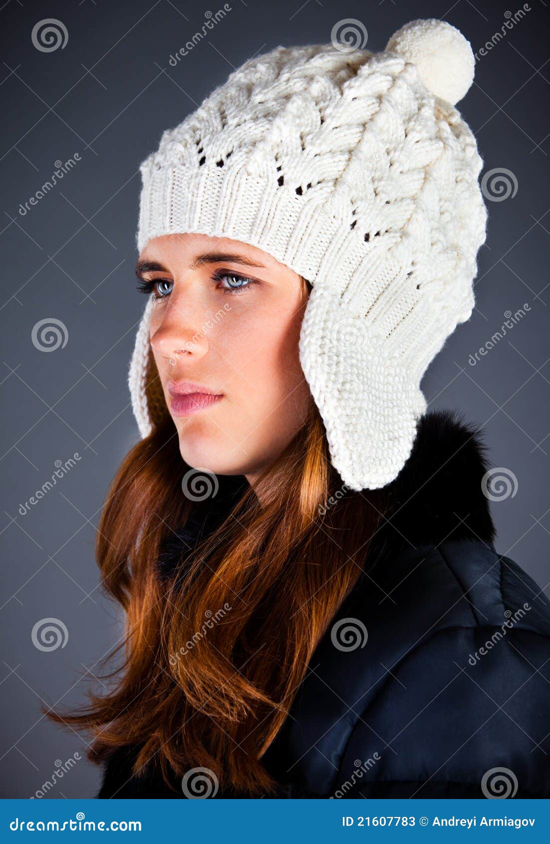 Young Girl in a Winter Cap on the Dark Stock Image - Image of winter ...