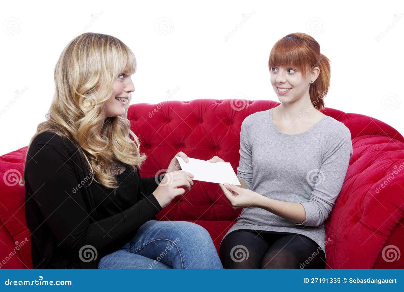 Young Girls Give a Letter on Red Sofa Stock Image - Image of face ...