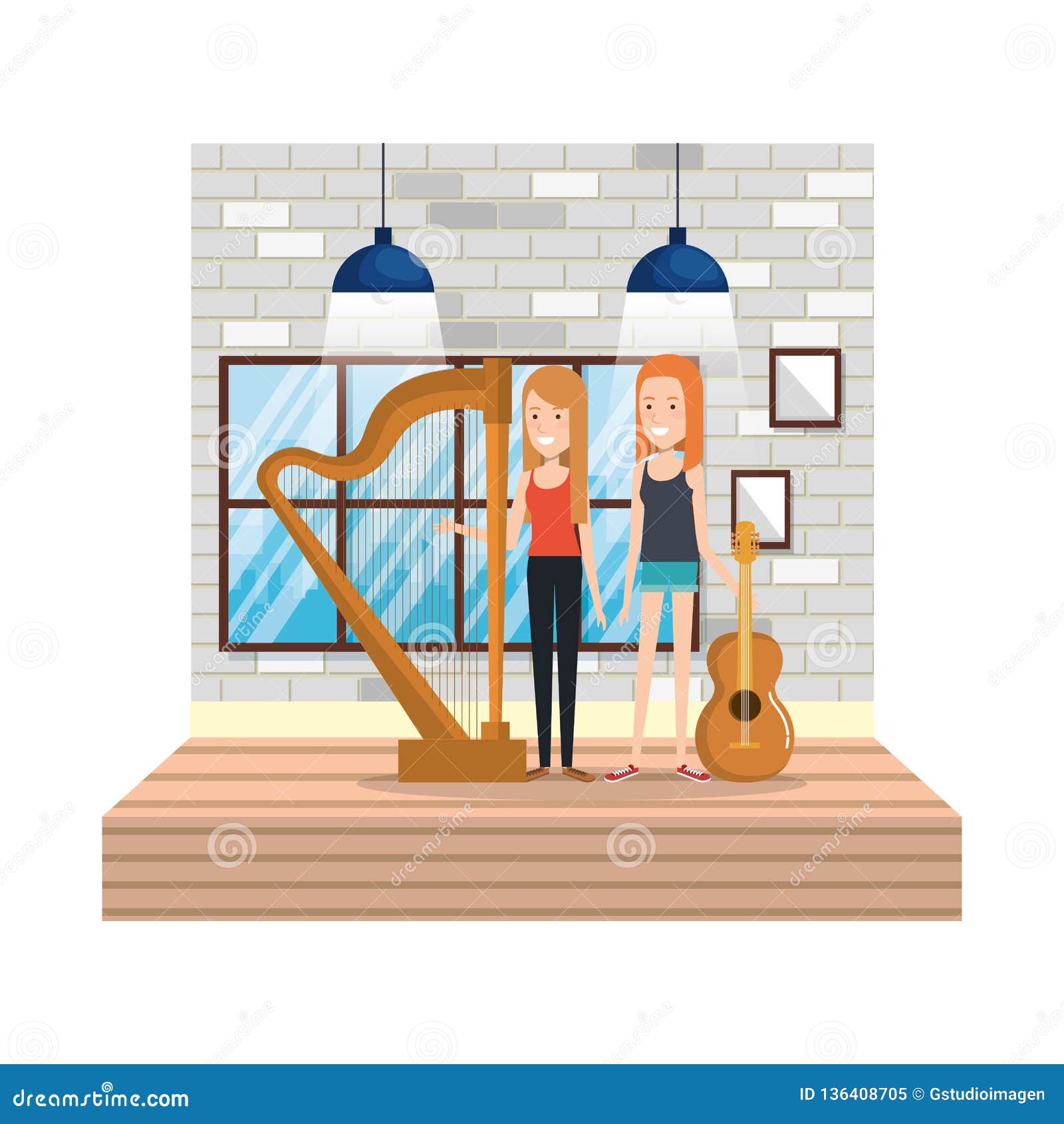 Young Girls Playing Instruments in the House Stock Vector ...