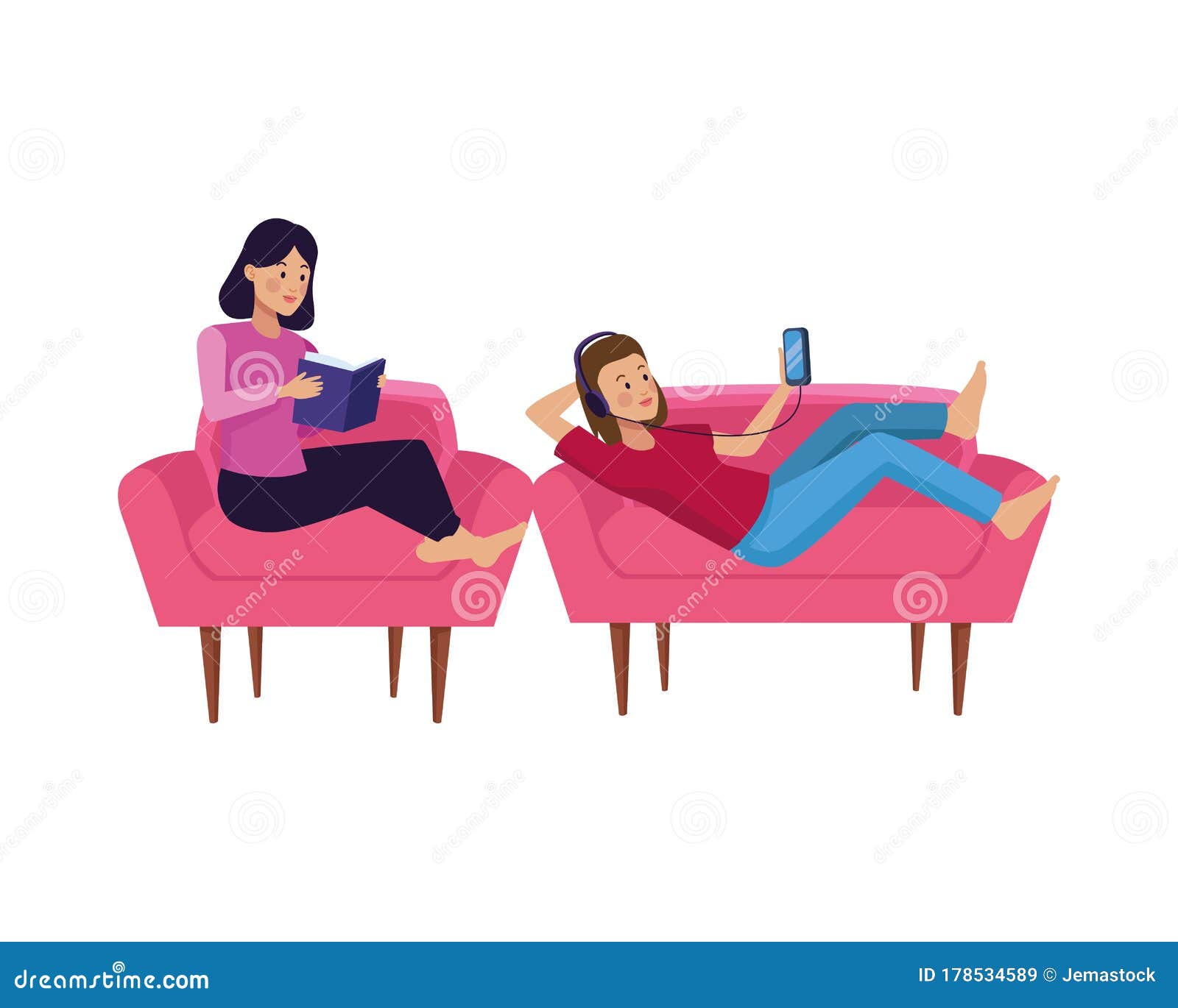 Young Girls Reading Book and Using Smartphone Stock Vector ...