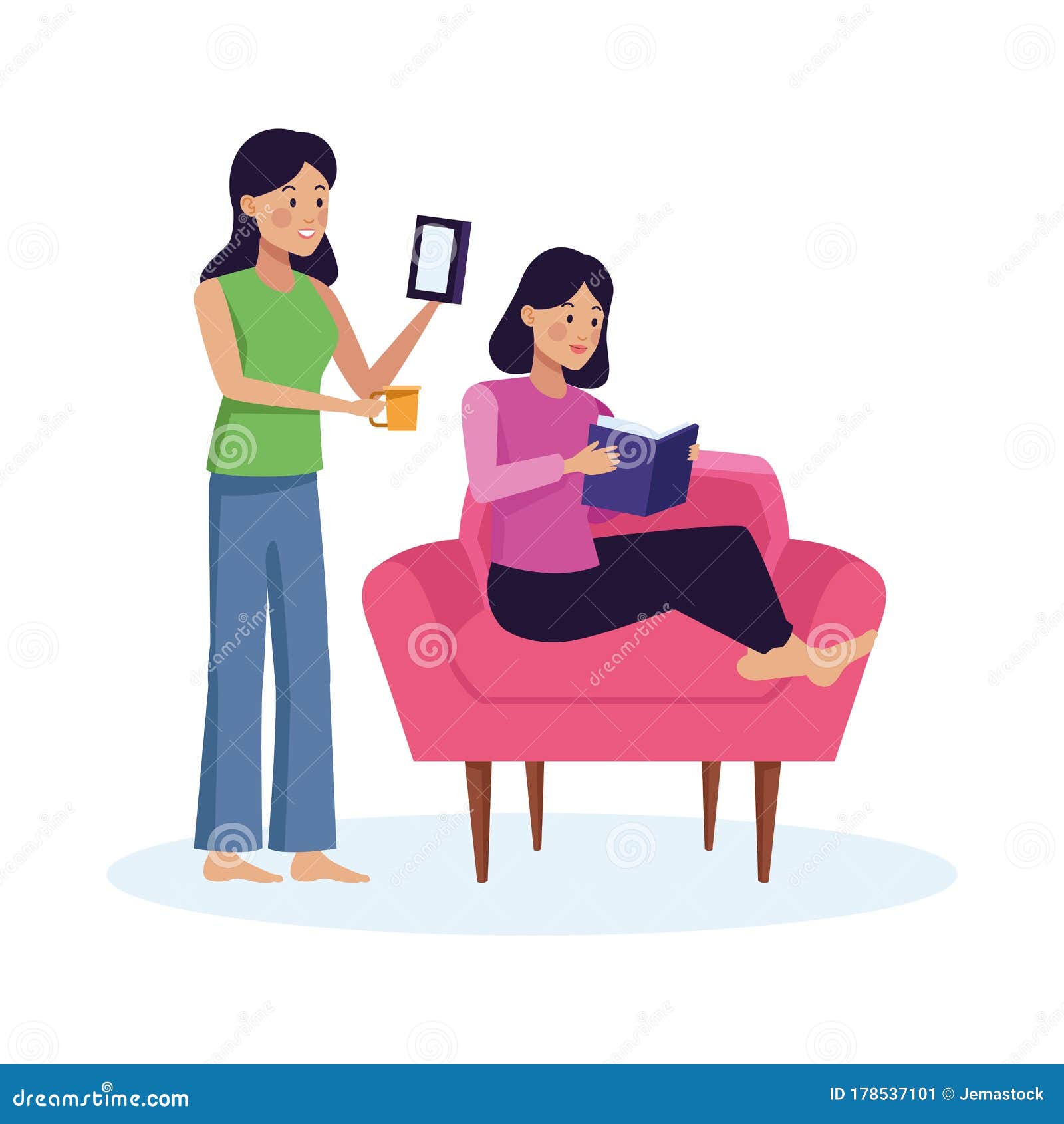 Young Girls Reading Book and Using Smartphone Stock Vector ...