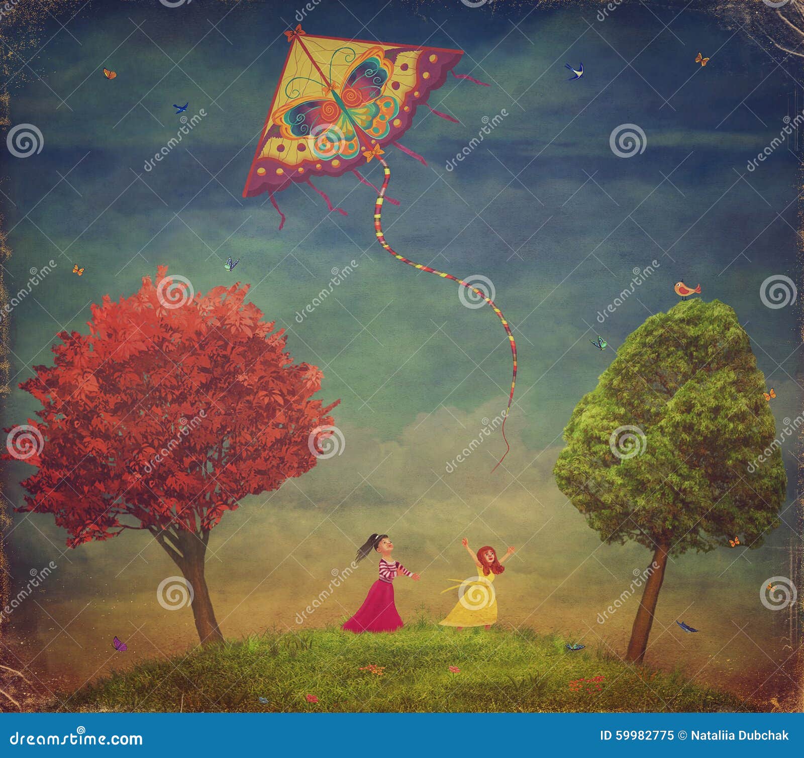 Young Girls among Trees on the Field with Kite Stock Illustration ...