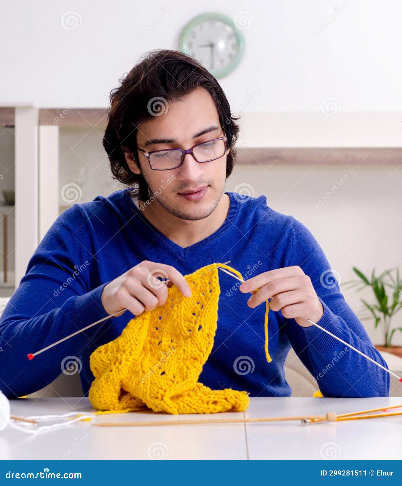 Young Good Looking Man Knitting at Home Stock Image - Image of needle ...