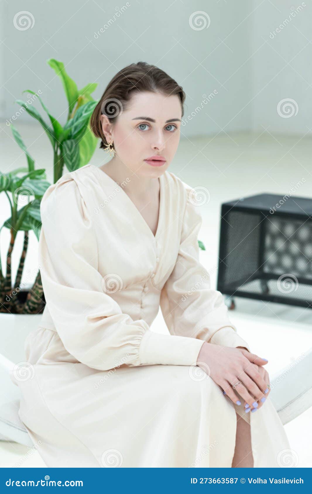 Young Graceful Woman Closeup On The Brick White Wall Stock Image