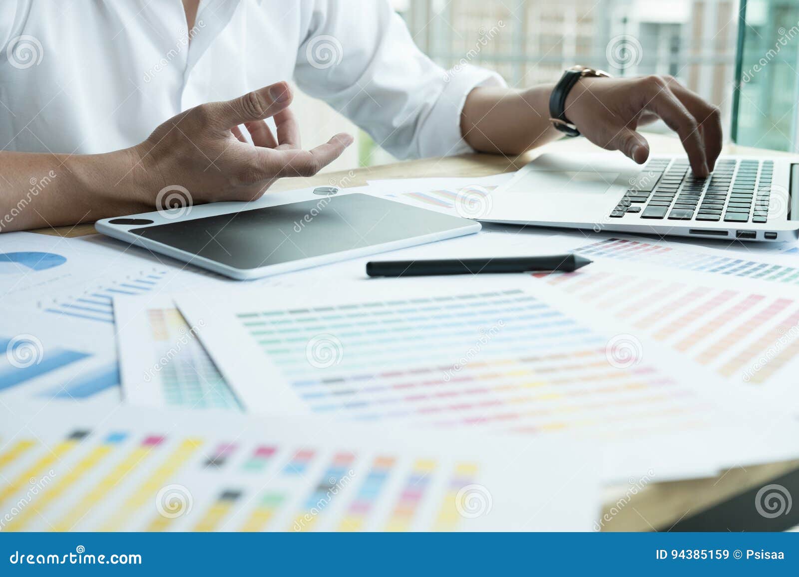 Young Graphic Designer Working with Computer, Color Swatch. Creative ...