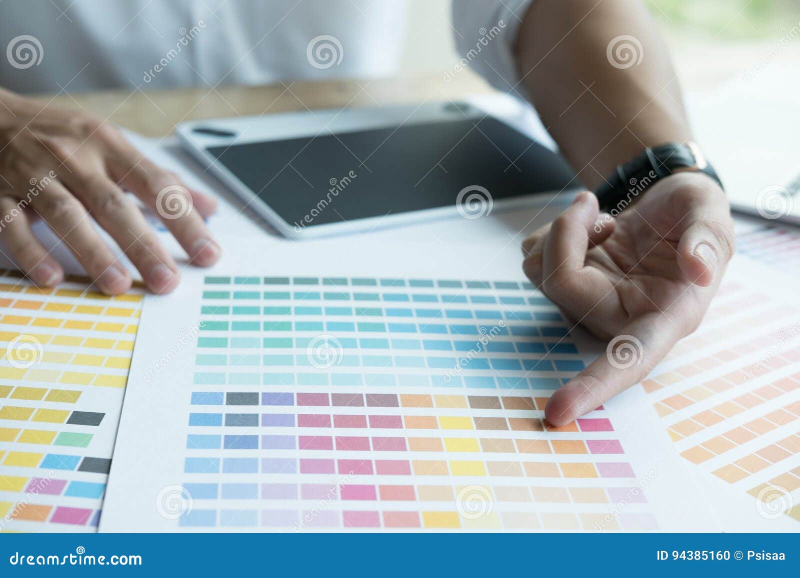 Young Graphic Designer Working with Computer, Color Swatch. Creative ...