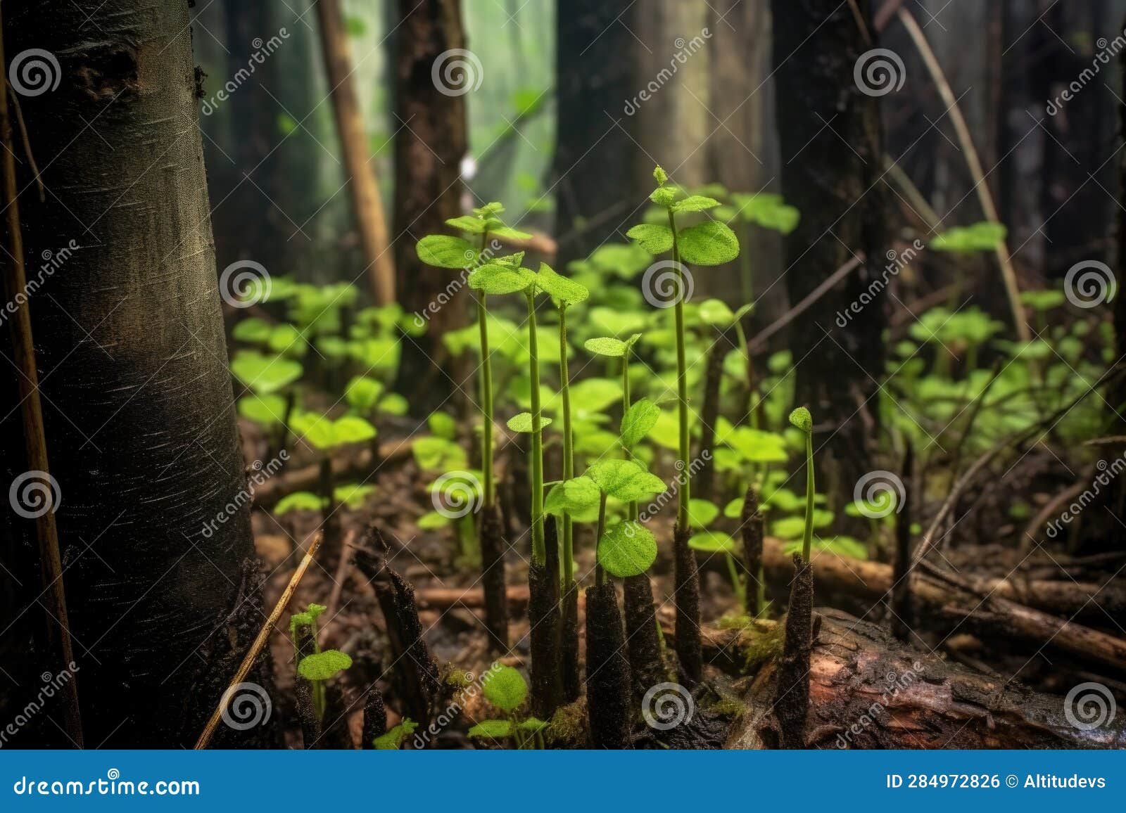 Young Green Saplings Sprouting among Burnt Tree Trunks Stock Photo ...