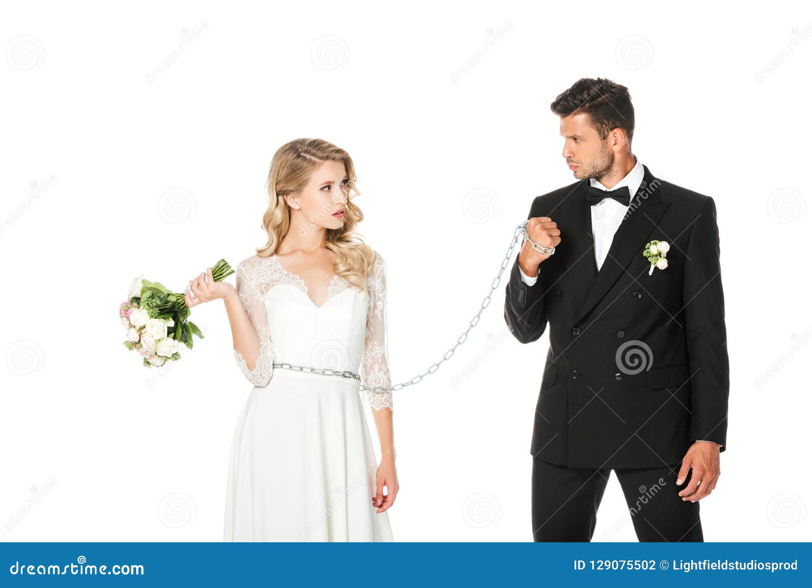 Young Groom with Chain and Leashed Bride Looking at Each Other Stock ...