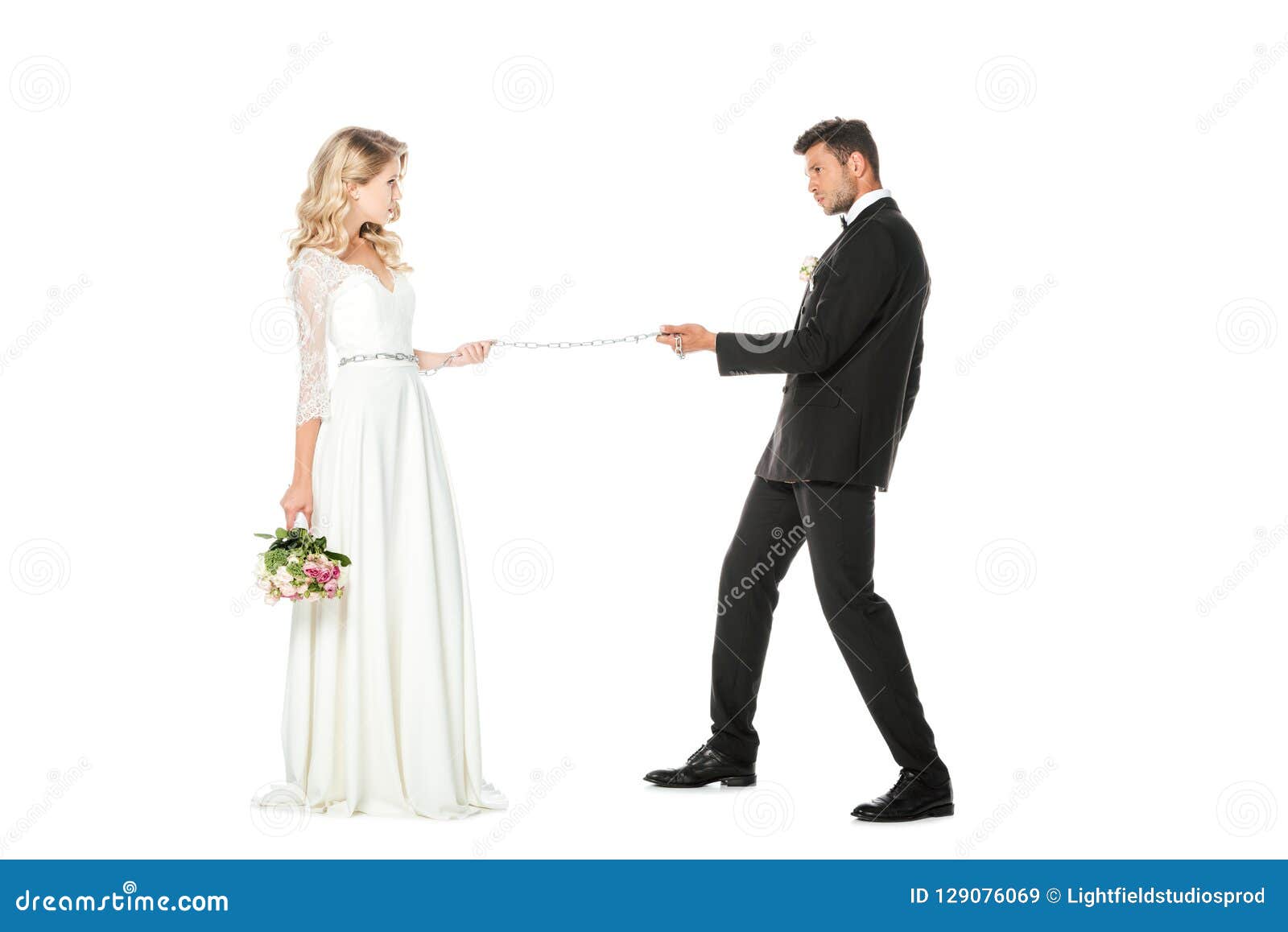 Young Groom with Chain and Leashed Bride Looking at Each Other Stock ...