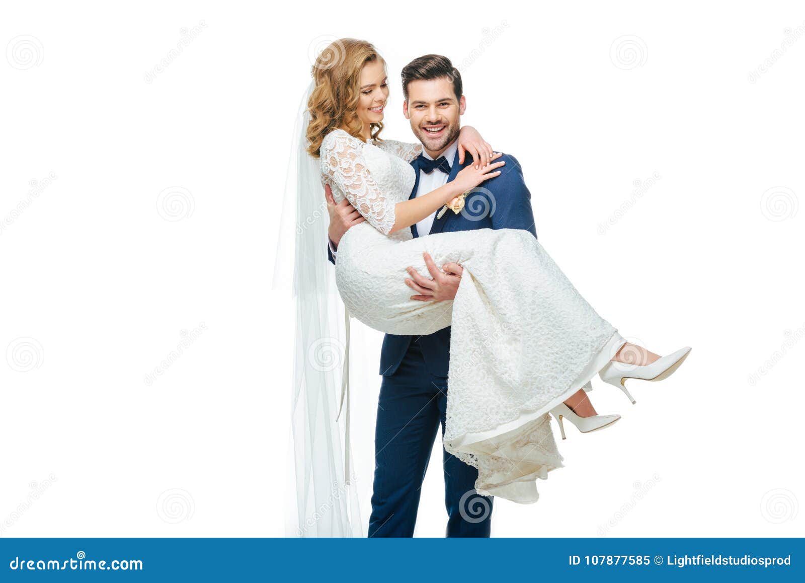 Groom Holding Beautiful Bride on Hands Isolated on White Stock Image ...